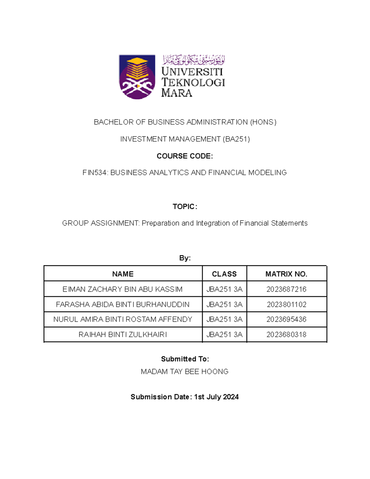 FIN534 Group Assignment - BACHELOR OF BUSINESS ADMINISTRATION (HONS ...