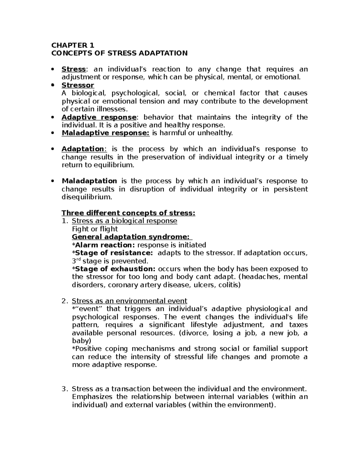 Mental Health Week 1 - CHAPTER 1 CONCEPTS OF STRESS ADAPTATION Stress ...