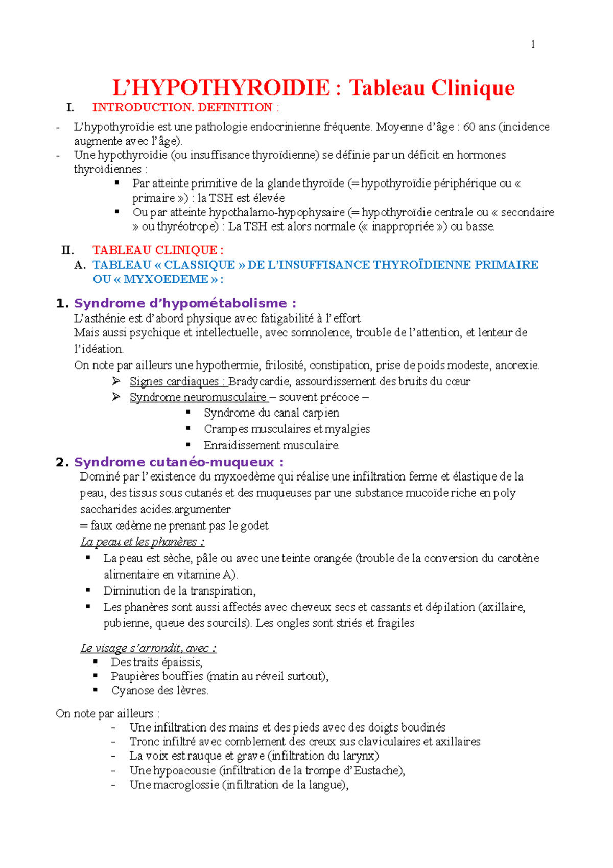 Hypothyroidie- tableau clinique - L’HYPOTHYROIDIE : Tableau Clinique I ...