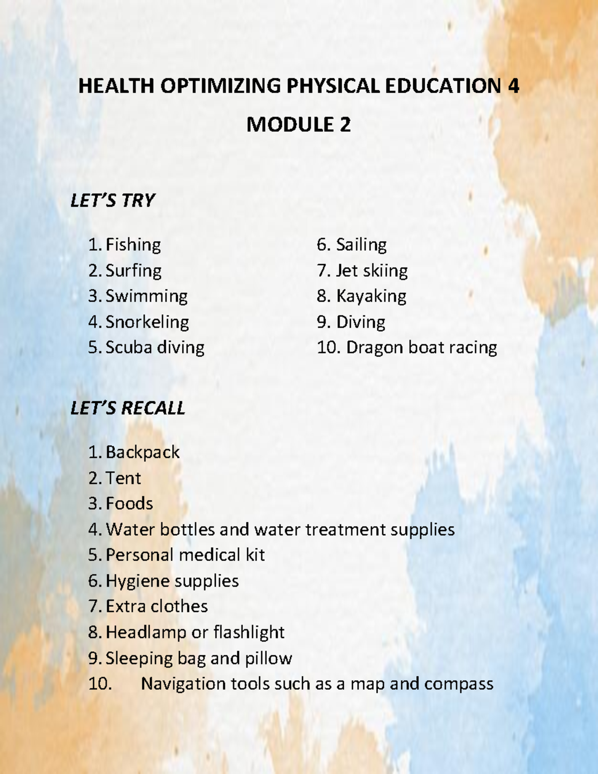 HOPE 4 Module 2 - this is answers only - HEALTH OPTIMIZING PHYSICAL ...