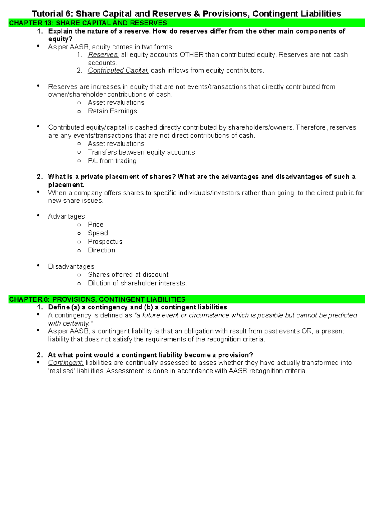 Tutorial 6 - BUSN2015 Share Capital and Reserves & Provisions ...