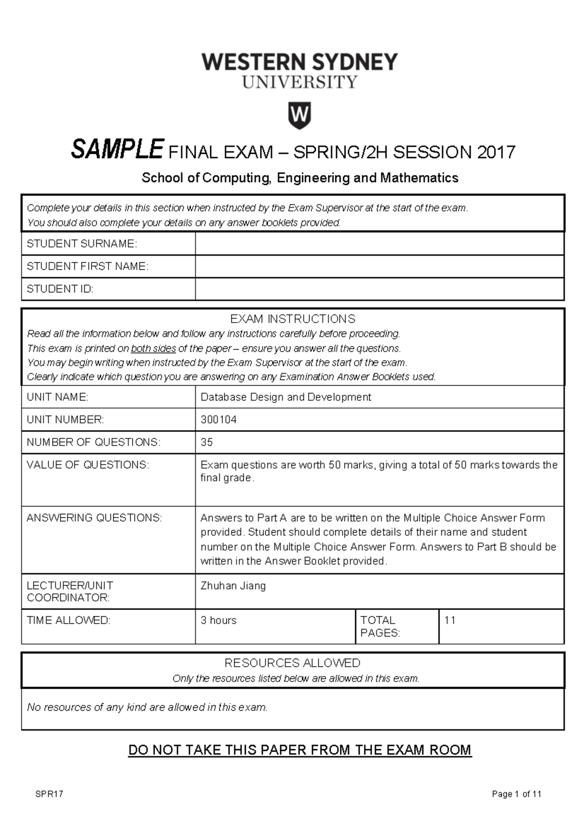 Sample/practice exam 10 December 2017, questions - SAMPLE FINAL EXAM ...