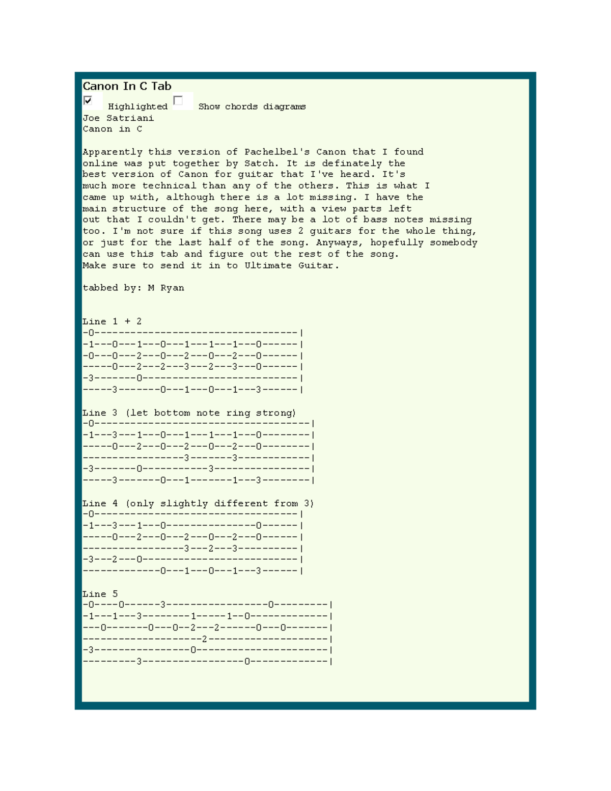 Canon In C Tab - ASD - Canon In C Tab Highlighted Show chords diagrams ...