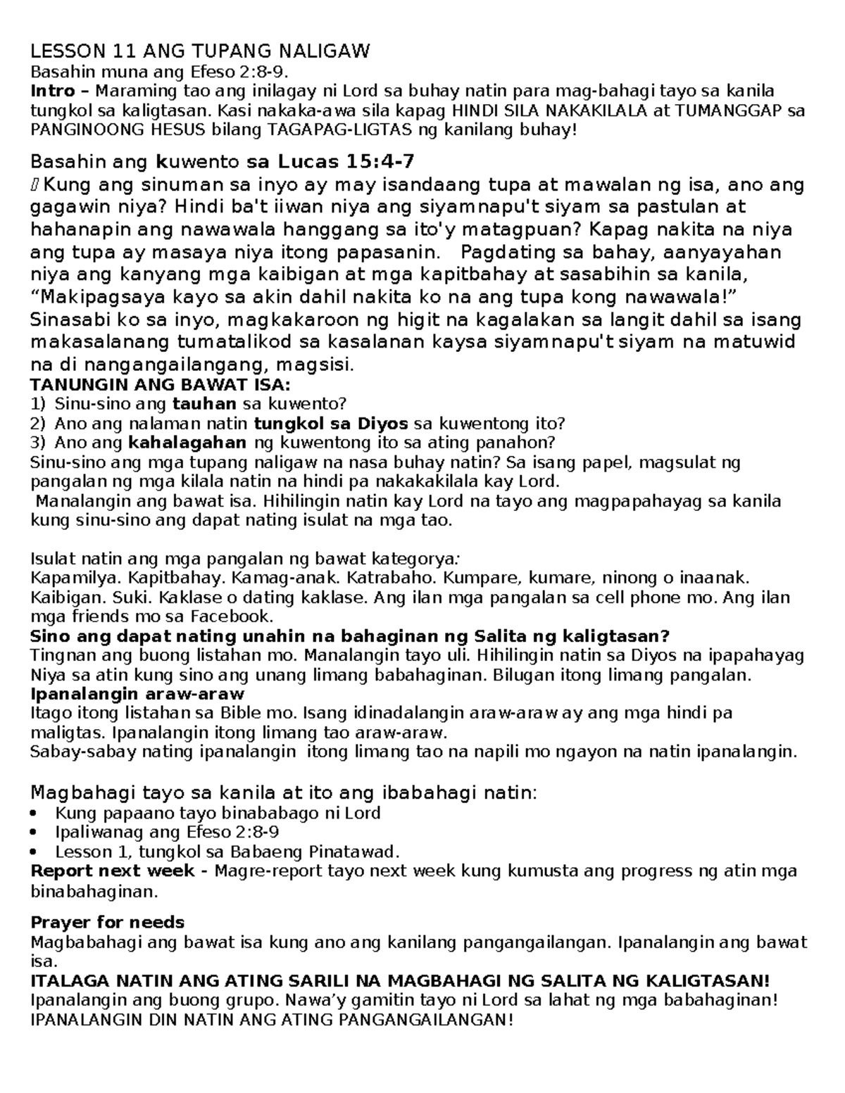 Lesson 11 ANG Tupang Naligaw - LESSON 11 ANG TUPANG NALIGAW Basahin ...