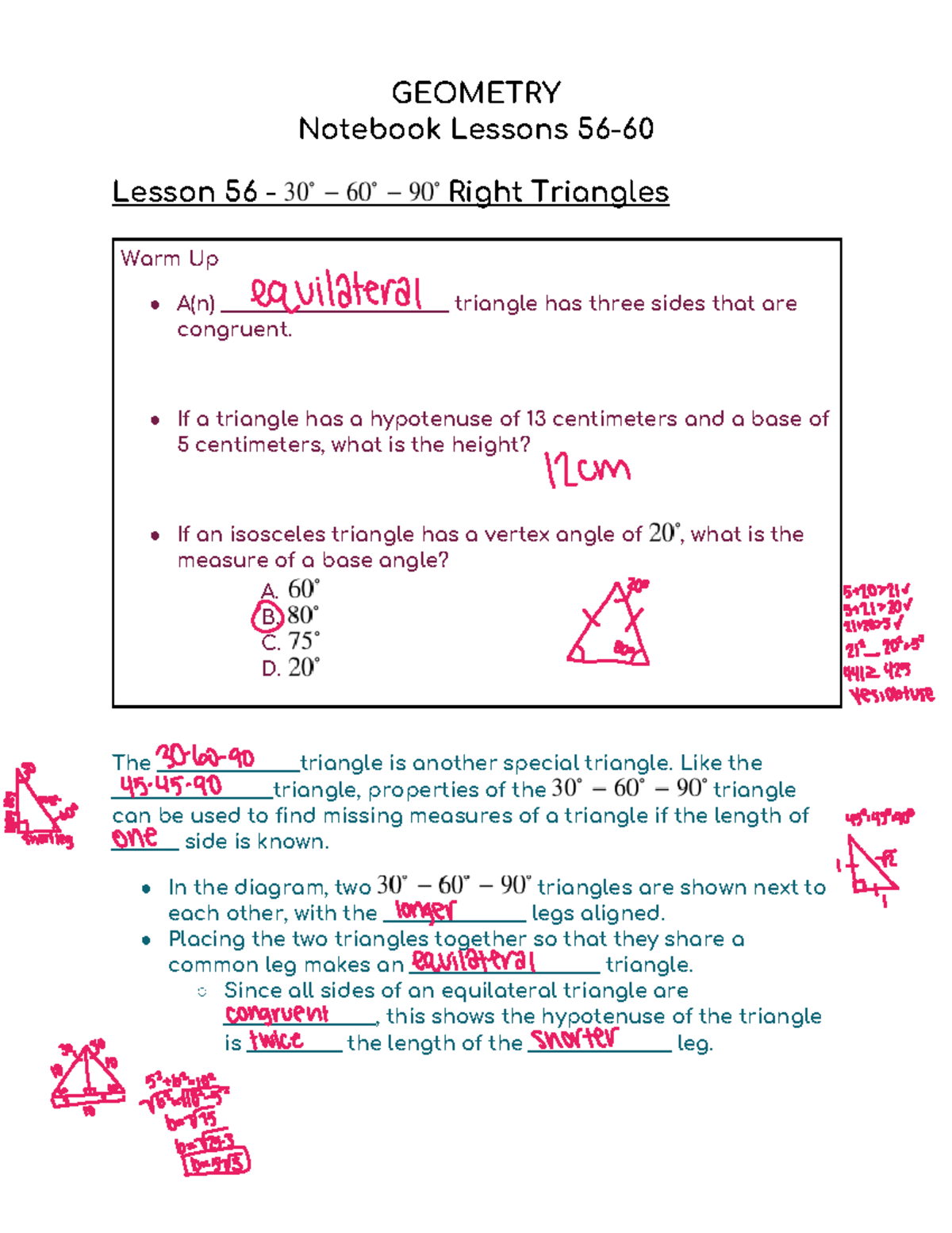 GEO L56-60 Notebook - GEOMETRY Notebook Lessons 56- Lesson 56 - Right ...