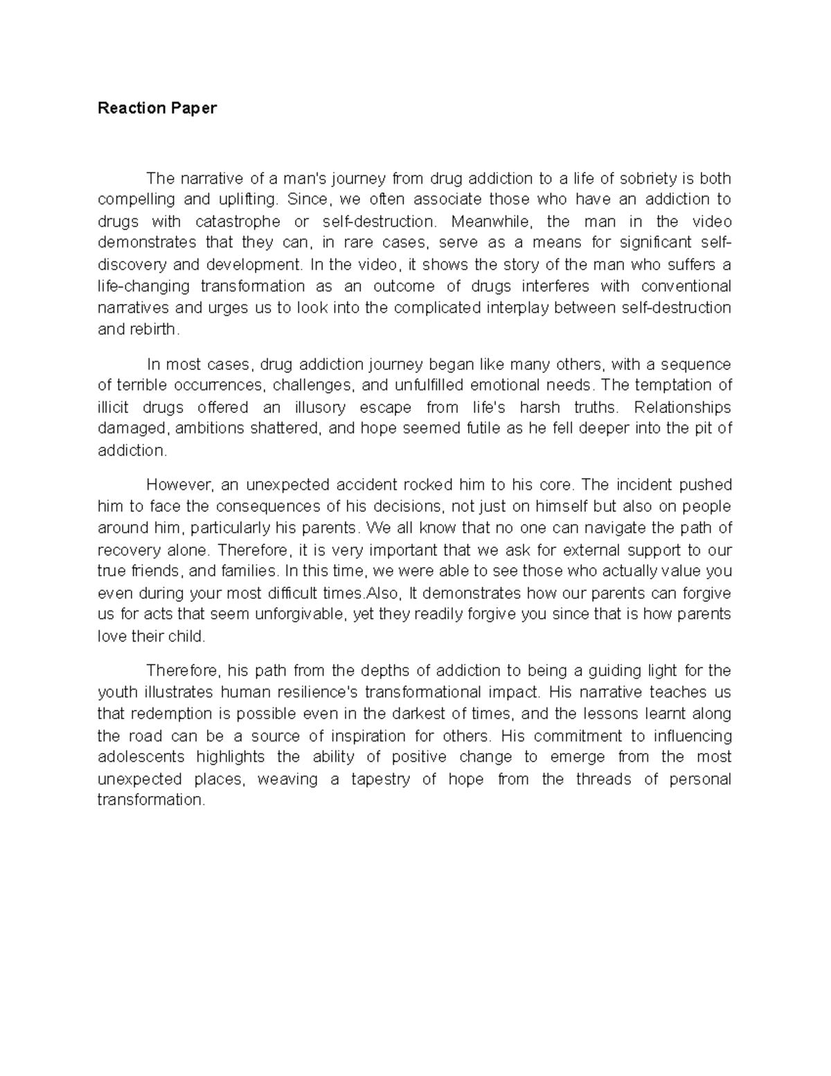 Name - Reaction Paper - Reaction Paper The narrative of a man's journey ...