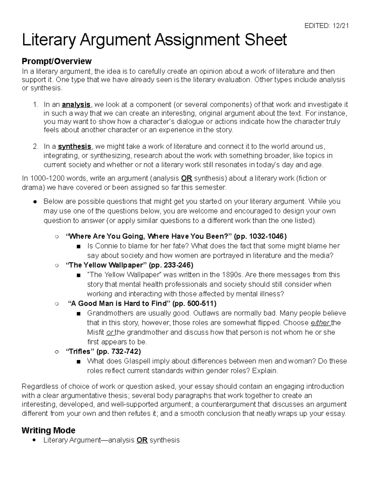 Essay 3 Requirements - Professor Carbone - Literary Argument Assignment ...