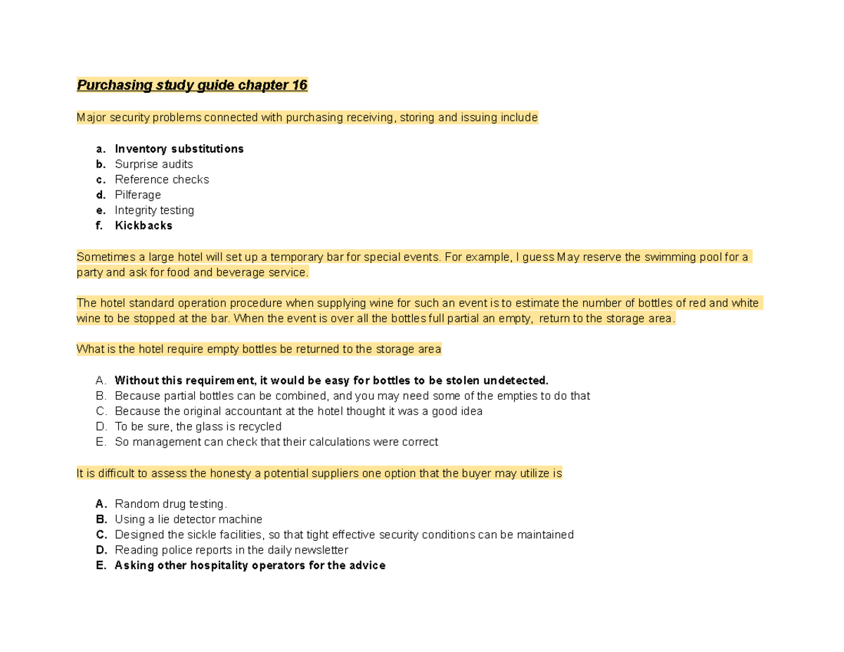 Purchasing study guide chapter 16 - Inventory substitutions b. Surprise audits c. Reference ...
