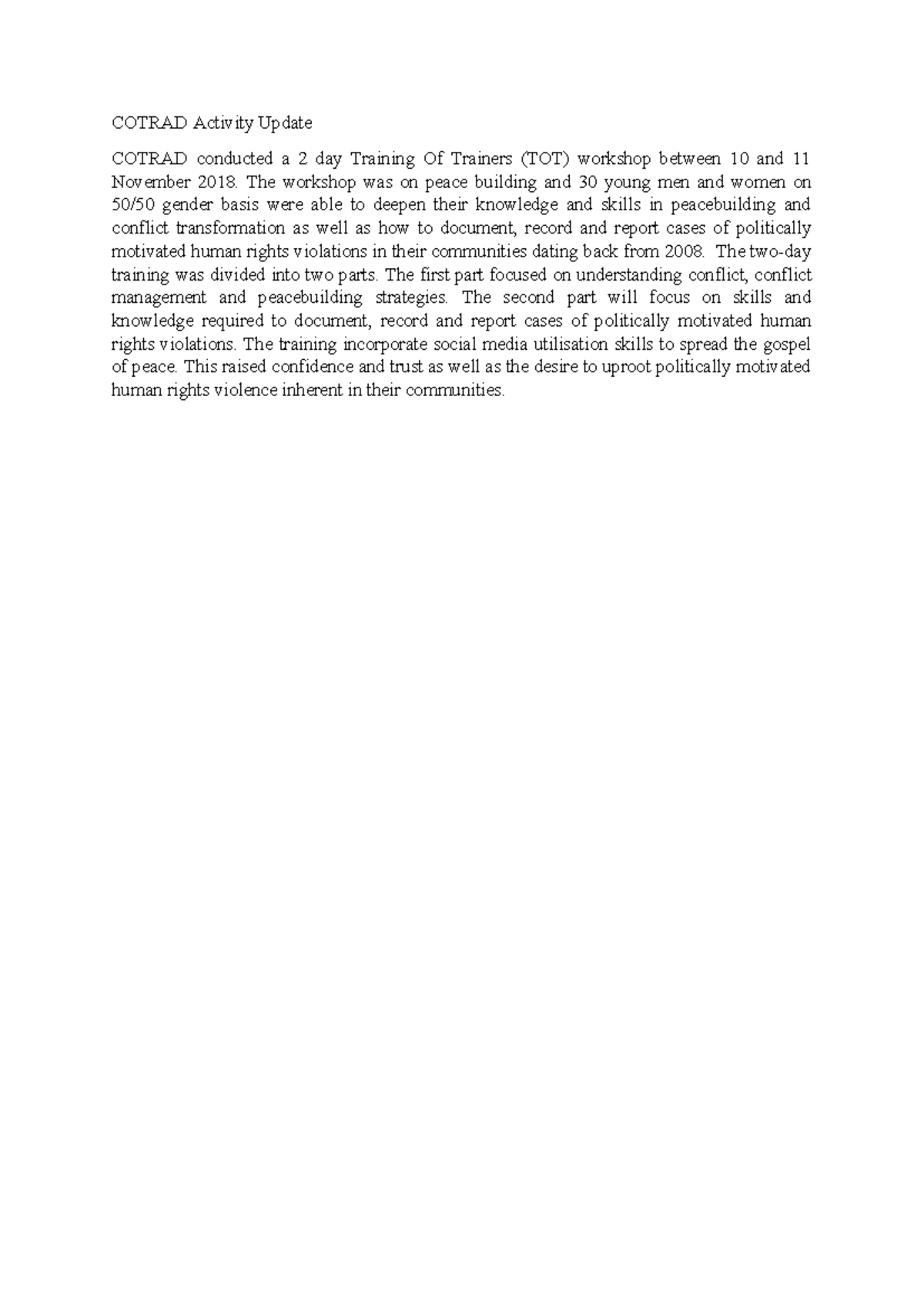 1. Cotrad Activity Update - COTRAD Activity Update COTRAD conducted a 2 ...