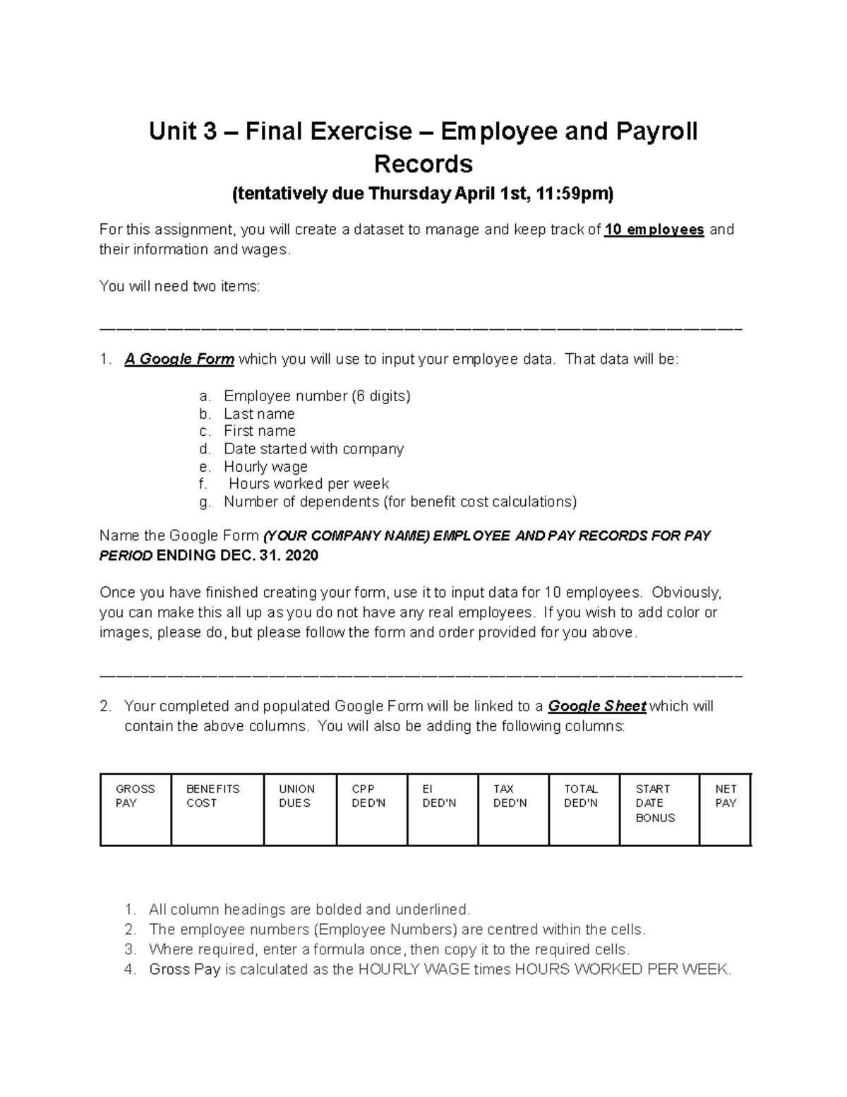 Copy of Unit 3 – Final Exercise – Employee and Payroll Records - Unit 3 ...