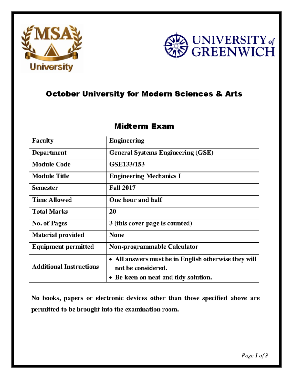 Mechanics - midterm exam - fall 2017 - Page 1 of 3 October University ...