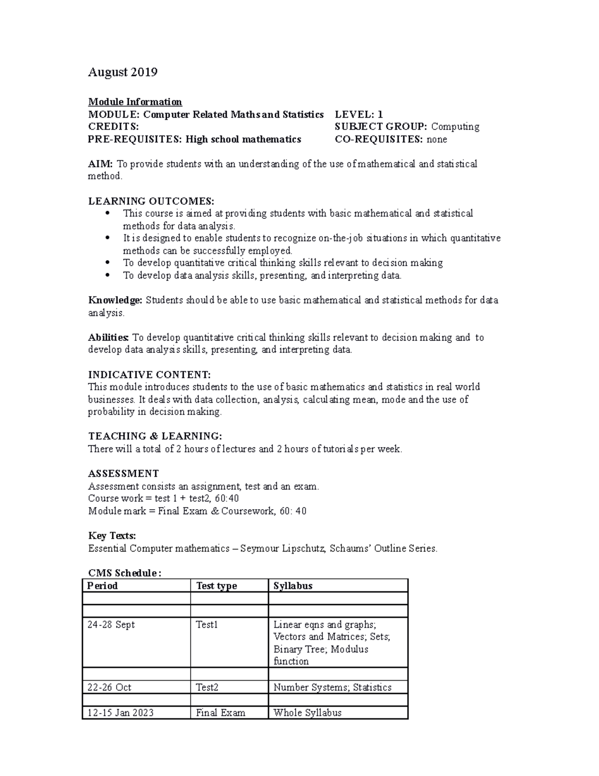 CMS syllabus stats - August 2019 Module Information MODULE: Computer ...