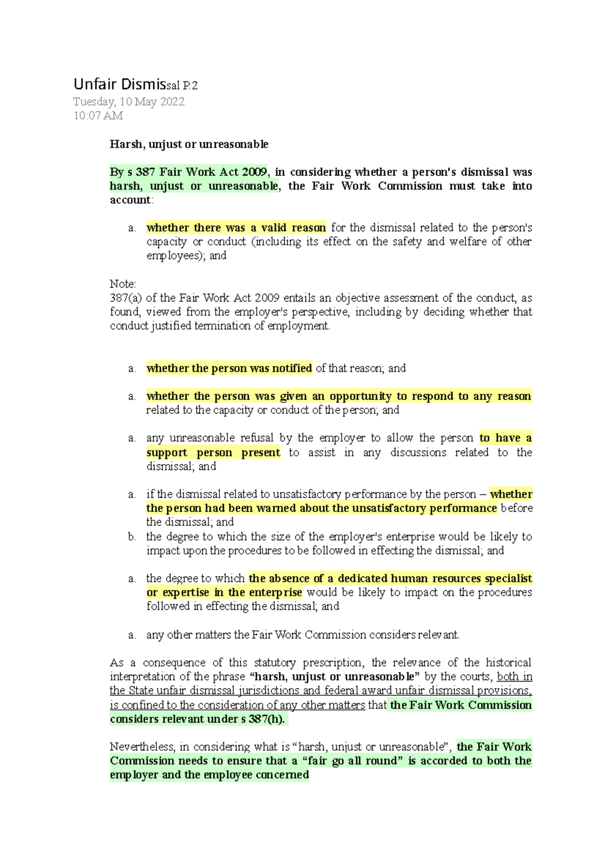 Unfair Dismissal - Tuesday, 10 May 2022 10:07 AM Harsh, unjust or ...