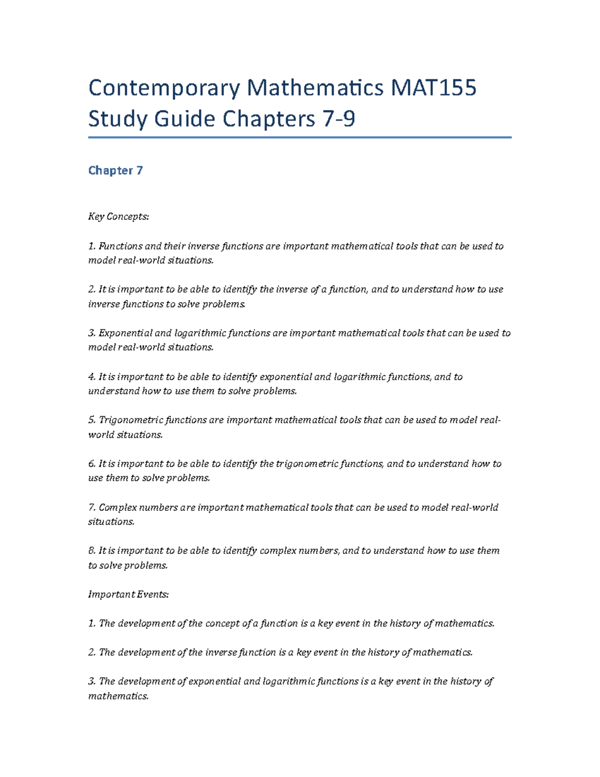 Contemporary Mathematics MAT155 Study Guide Chapters 7-9 - Contemporary ...