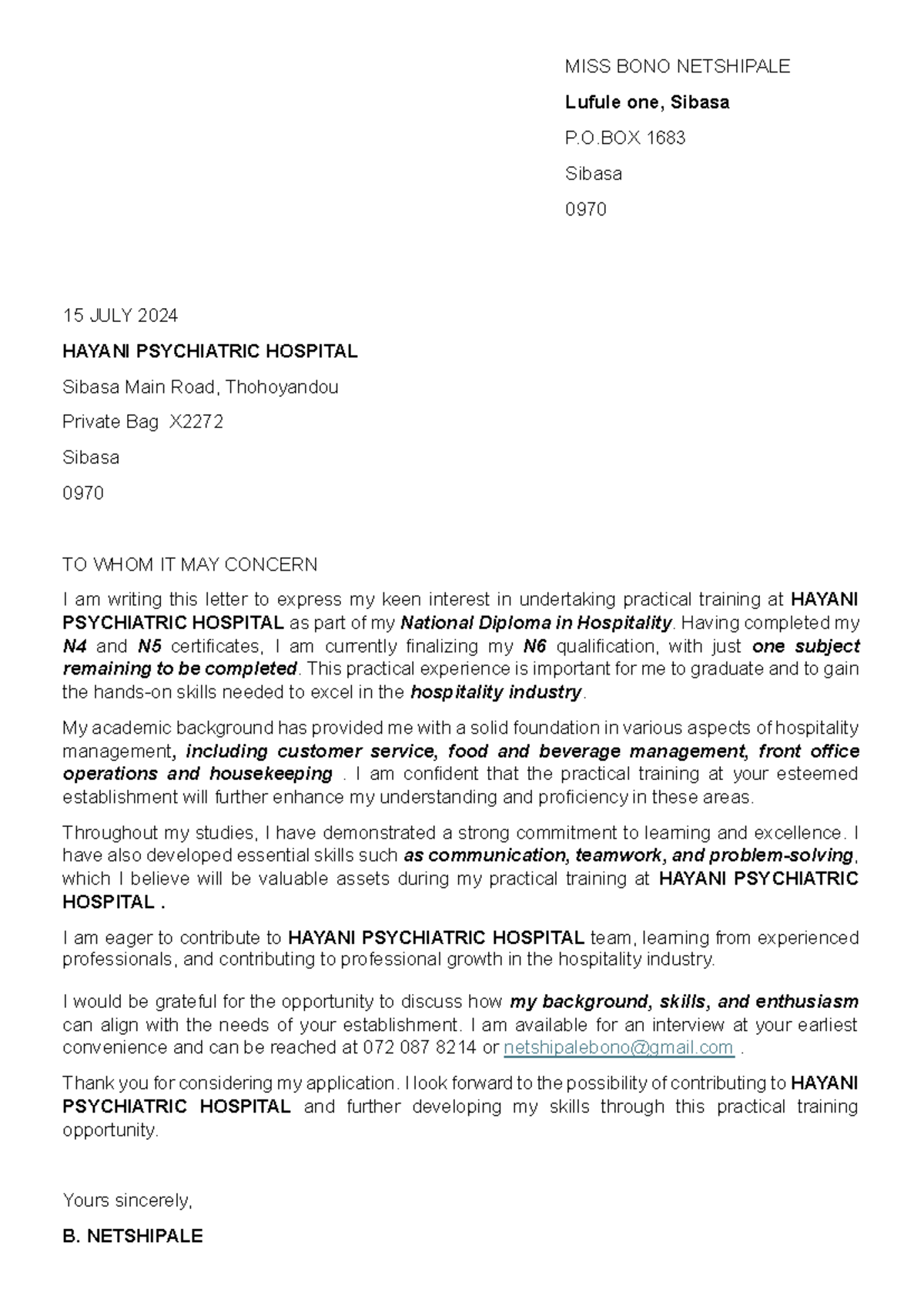 BONO Application Letter - MISS BONO NETSHIPALE Lufule one, Sibasa P.O ...
