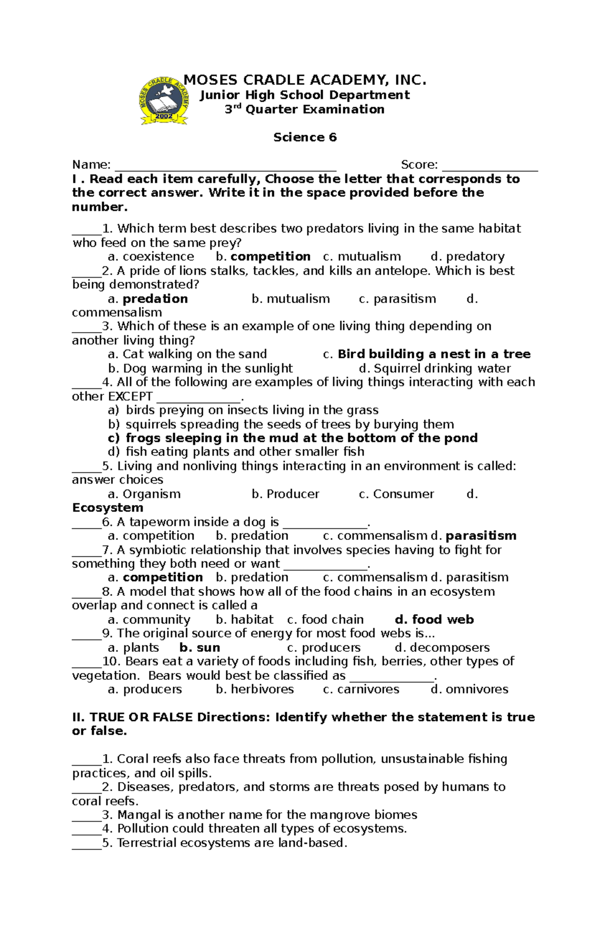 PT Science 6 Q3 - exam - MOSES CRADLE ACADEMY, INC. Junior High School ...