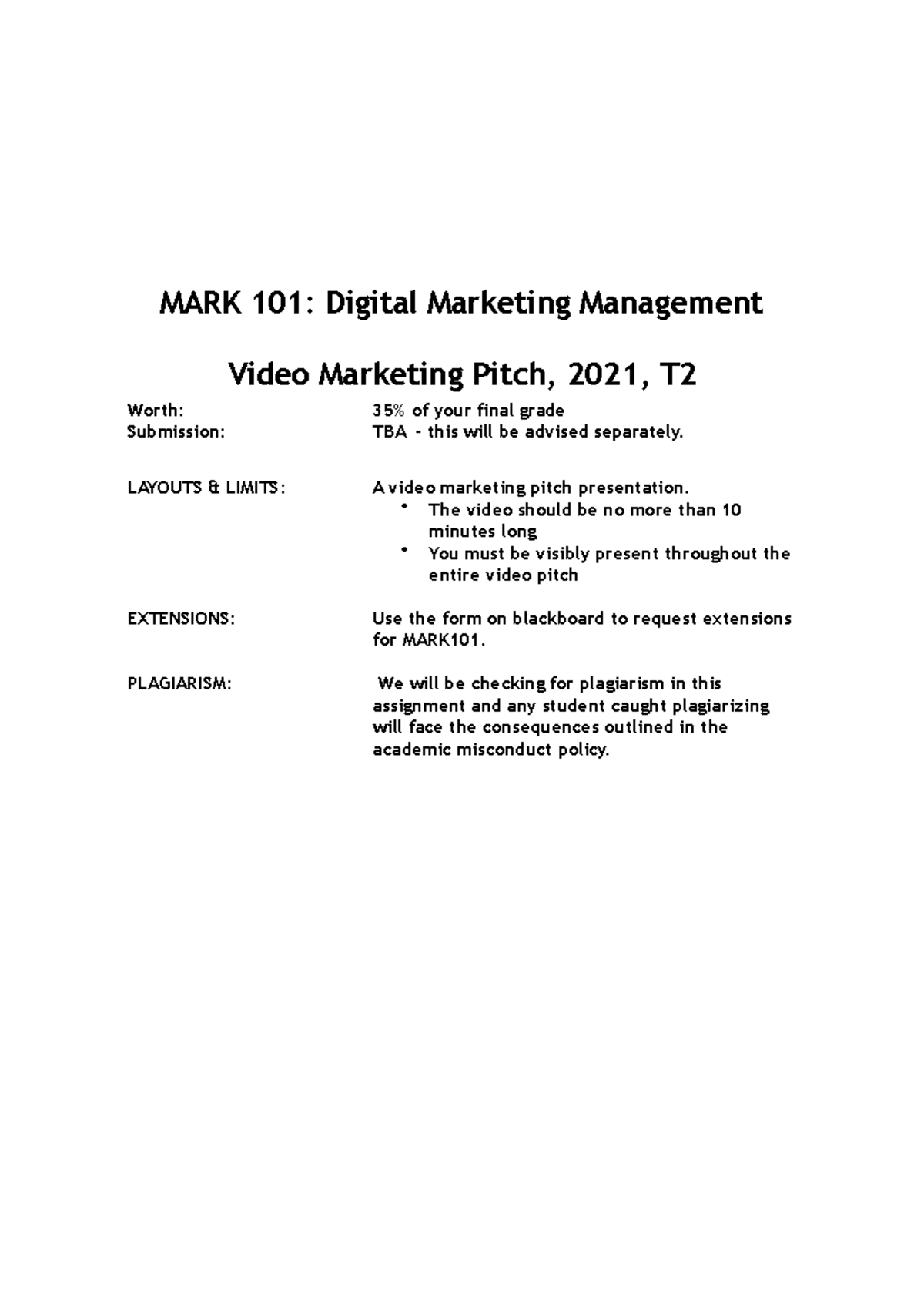 MARK101 T2 2021 video marketing pitch - MARK 101: Digital Marketing Management Video Marketing ...