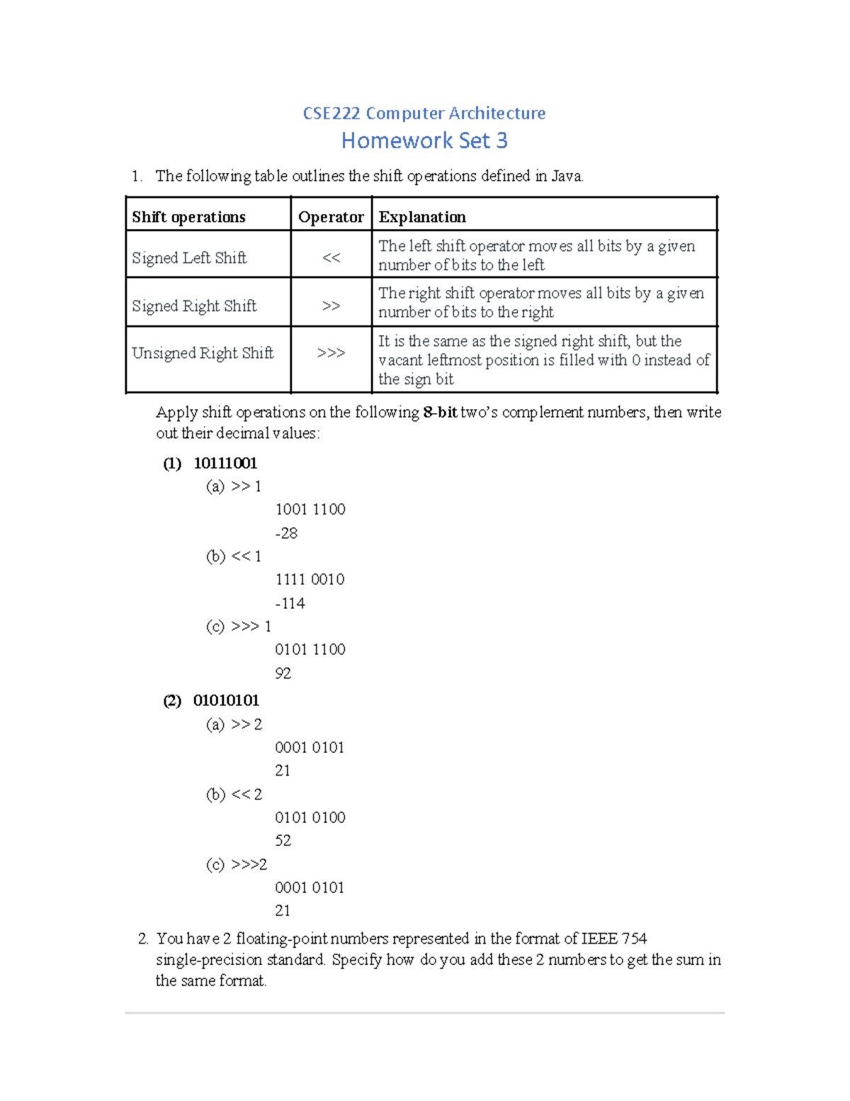 CSE222 HW Set 03-2023-02 - CSE222 Computer Architecture Homework Set 3 1. The following table ...