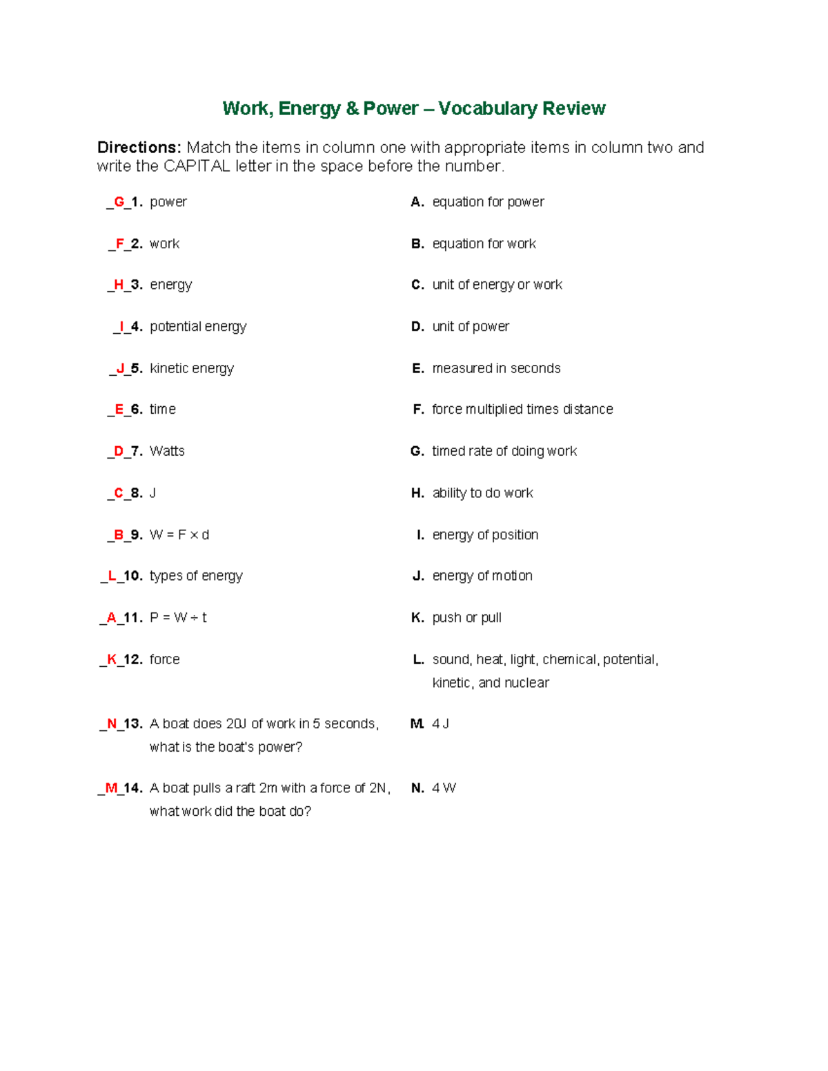 Energy work and power FA-KEY - Work, Energy & Power – Vocabulary Review ...