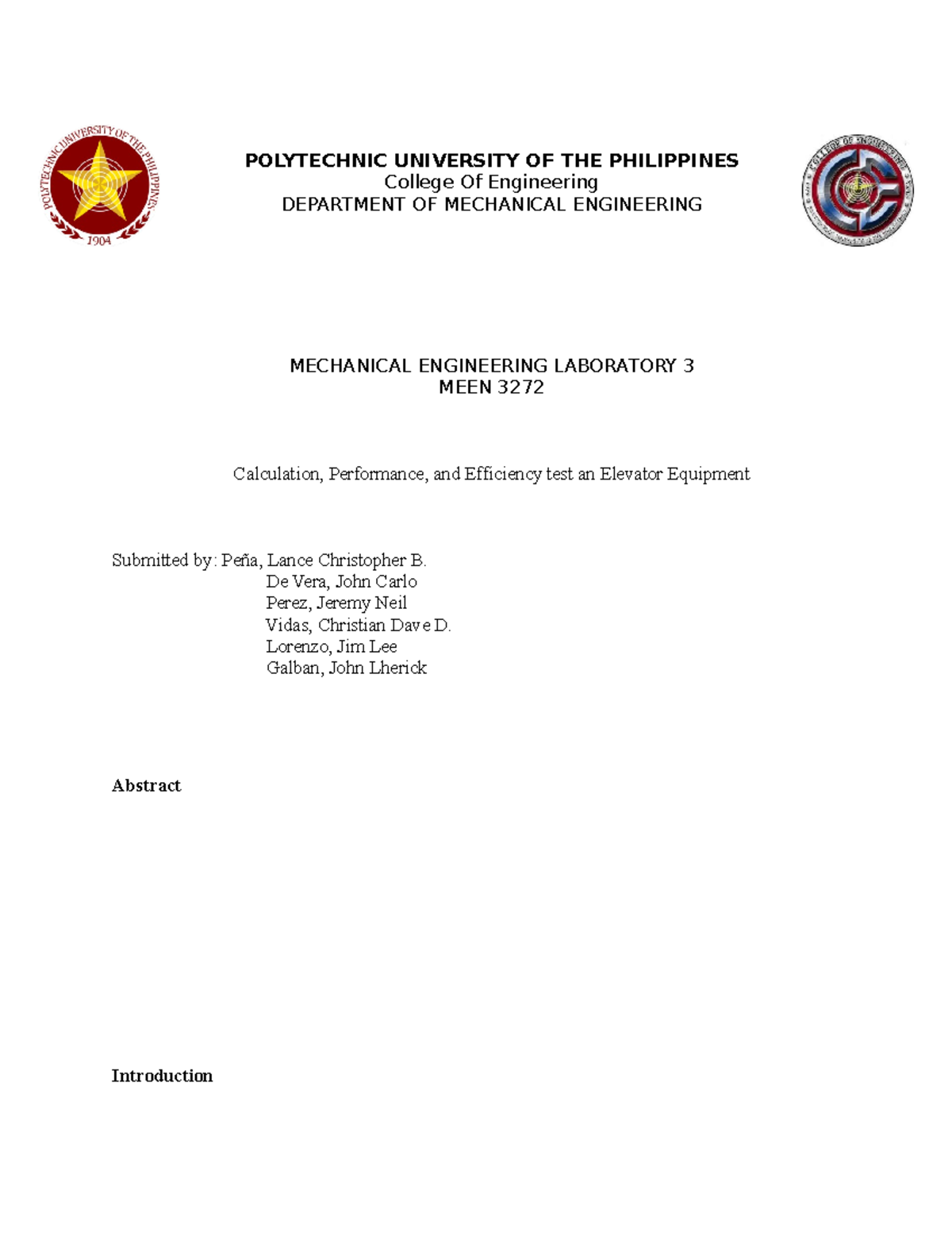 ME Lab3 Grp9 1 - Formulas and Solution - POLYTECHNIC UNIVERSITY OF THE PHILIPPINES College Of ...