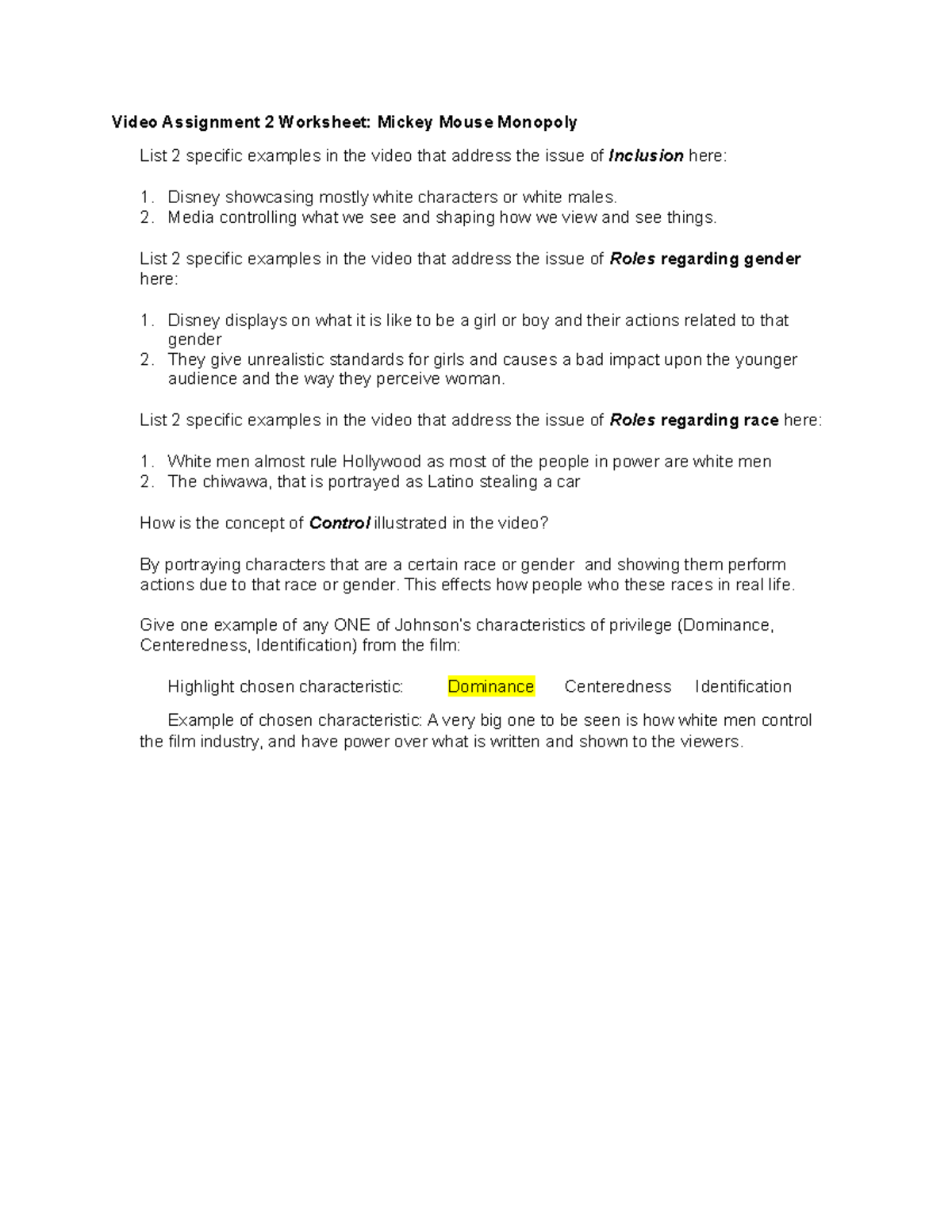 Mickey Mouse Monopoly Worksheet (1) (DONE) - Video Assignment 2 Worksheet: Mickey Mouse Monopoly ...