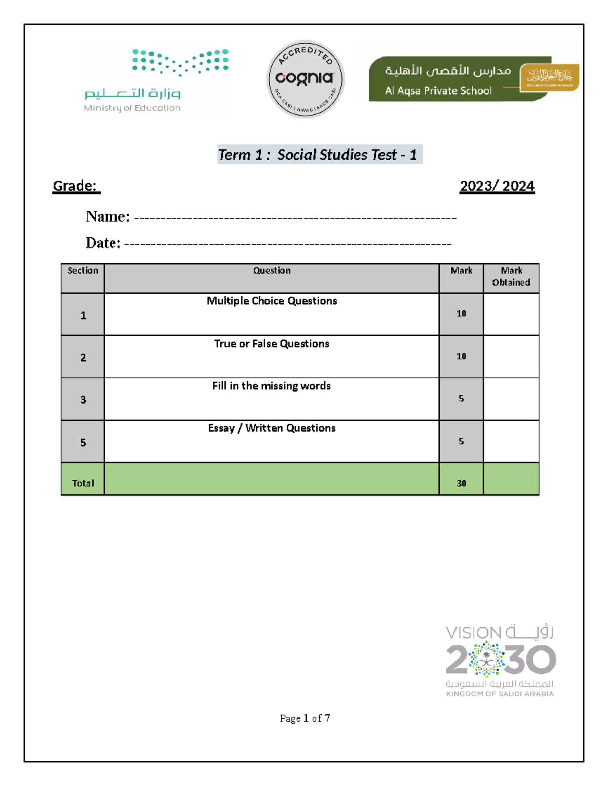 Grade 7 Final Quiz - exam - Term 1 : Social Studies Test - 1 Grade ...