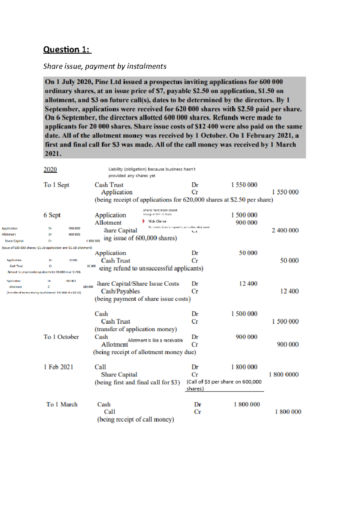 IFA2 MST - Mid-Semester Test Notes - Question 1: Share issue, payment ...