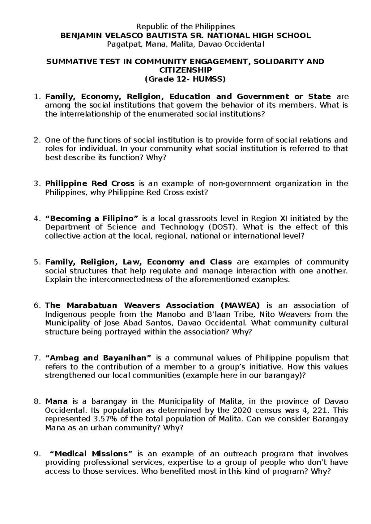 Summative Test Grade 12 Humss - Republic of the Philippines BENJAMIN ...