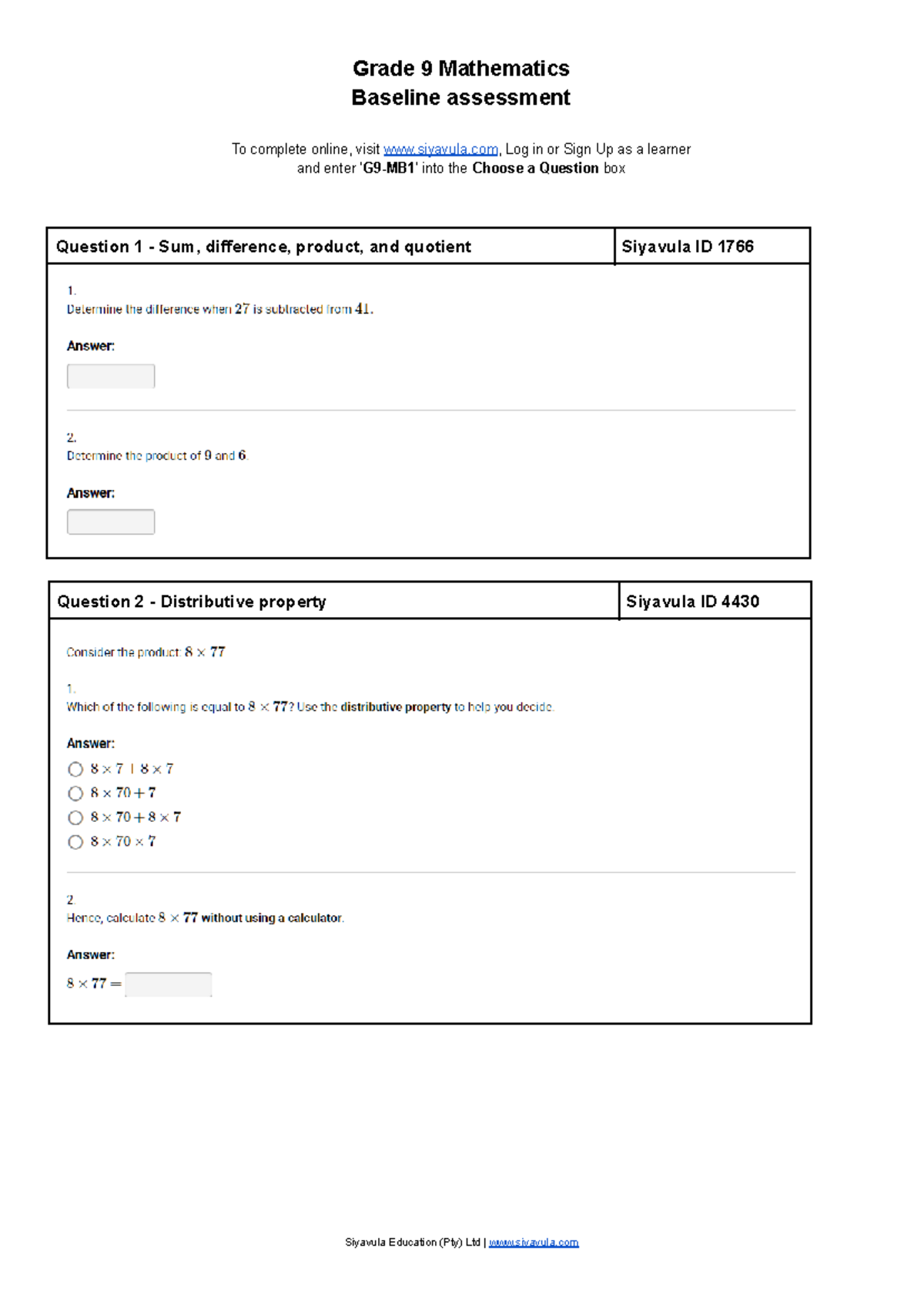 Grade 9 Mathematics Online Baseline - Siyavula - Printout - Grade 9 ...