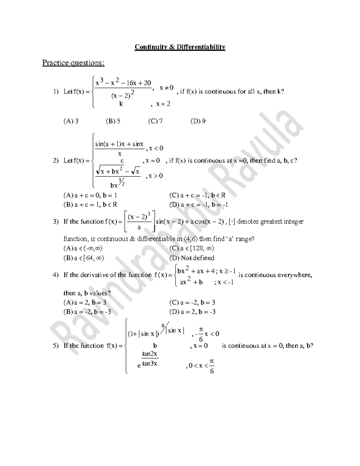 Continuity Qsns - Continuity & Differentiability Practice questions: Let - Studocu