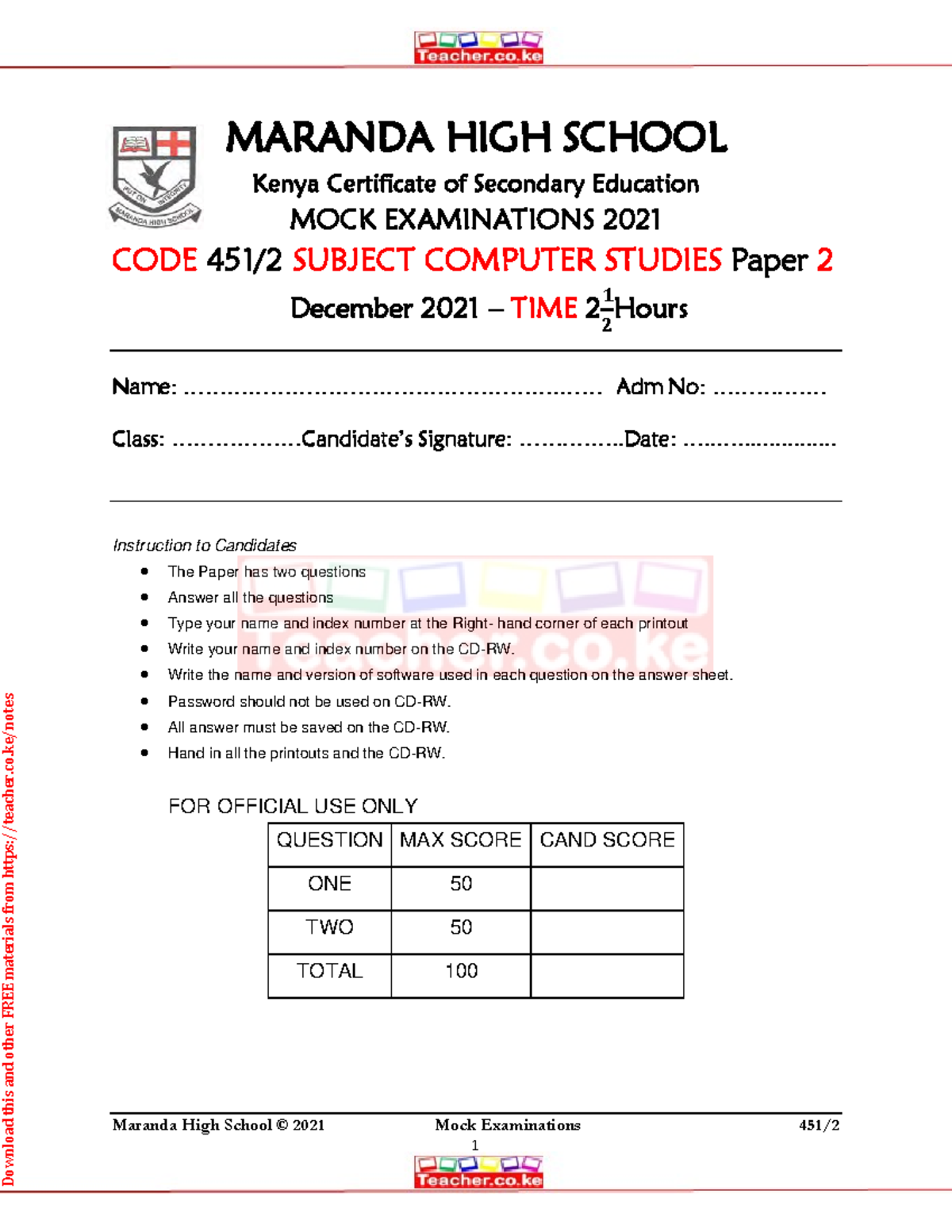 2022 Maranda Mock 451 Computer Studies P2 QS Teacher - Maranda High School © 2021 Mock ...