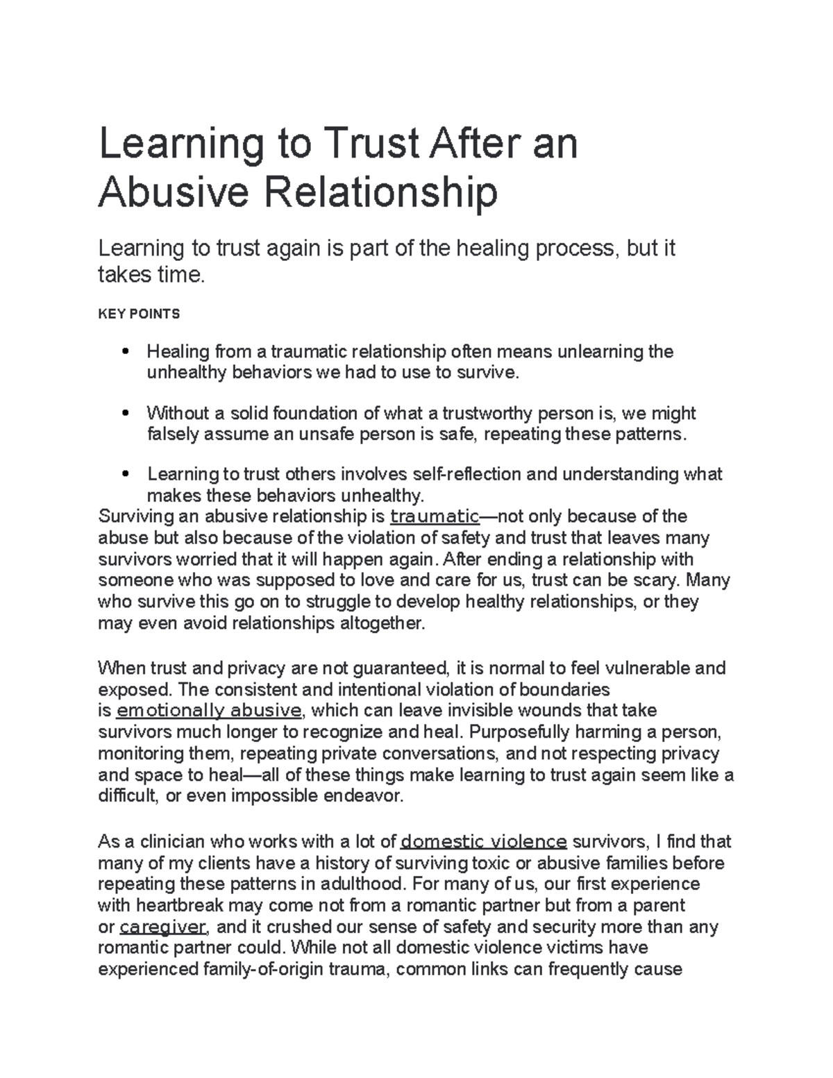 Learning to Trust After an Abusive Relationship - Learning to Trust ...