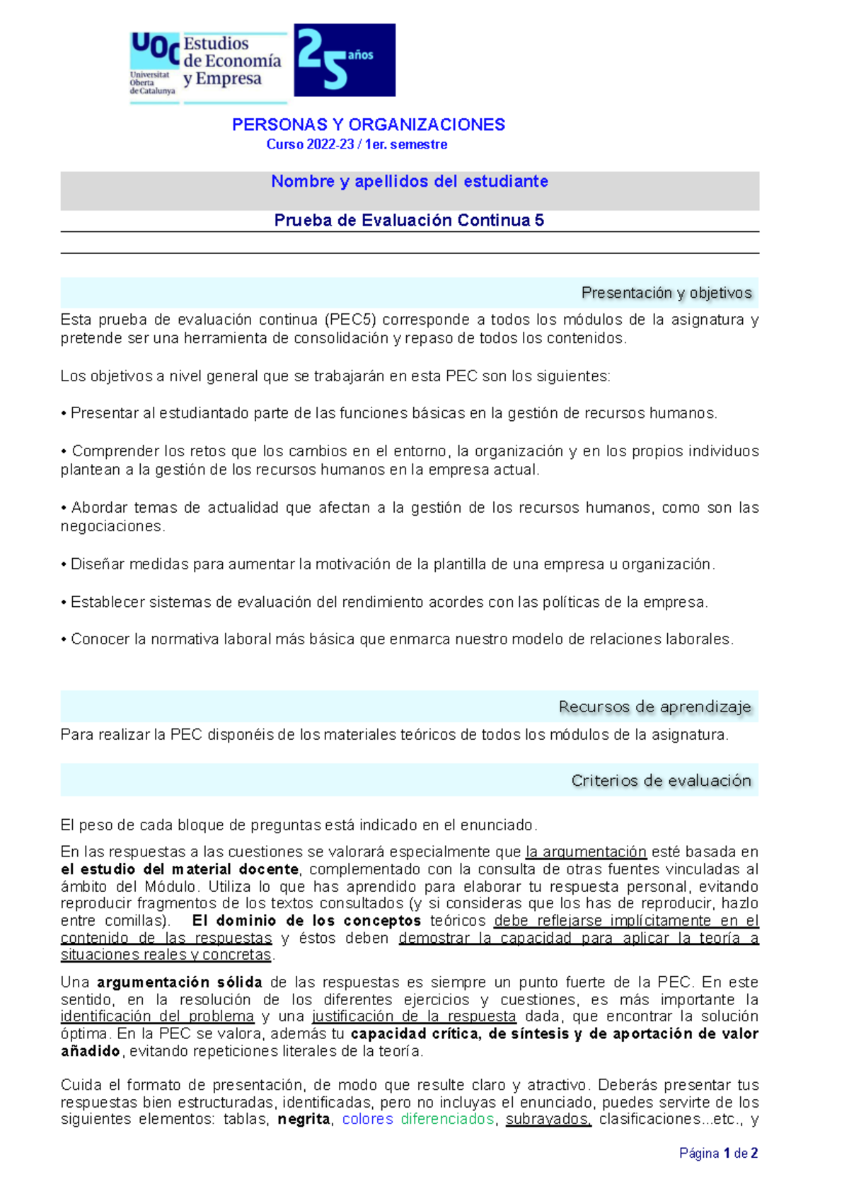 Enunciado PEC5-2022-23 1-2 - PERSONAS Y ORGANIZACIONES Curso 2022-23 ...