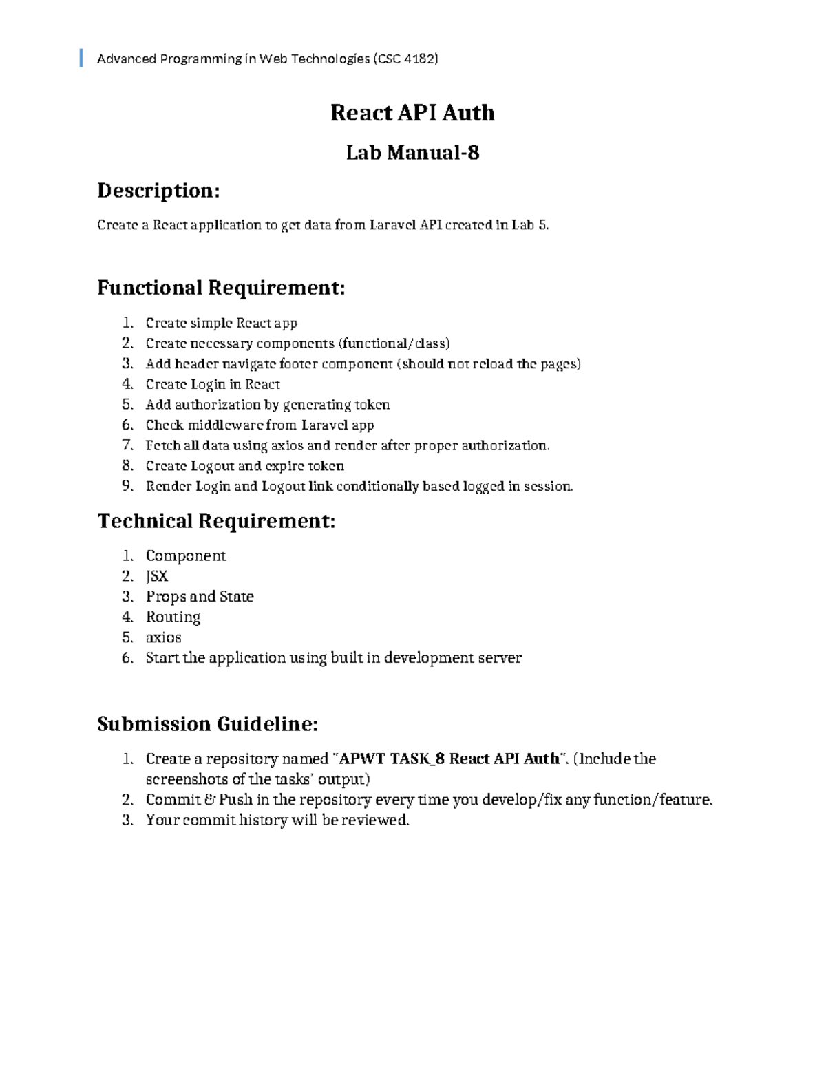 Lab Task 8 React Auth - Advanced Programming in Web Technologies (CSC 4182) React API Auth Lab ...