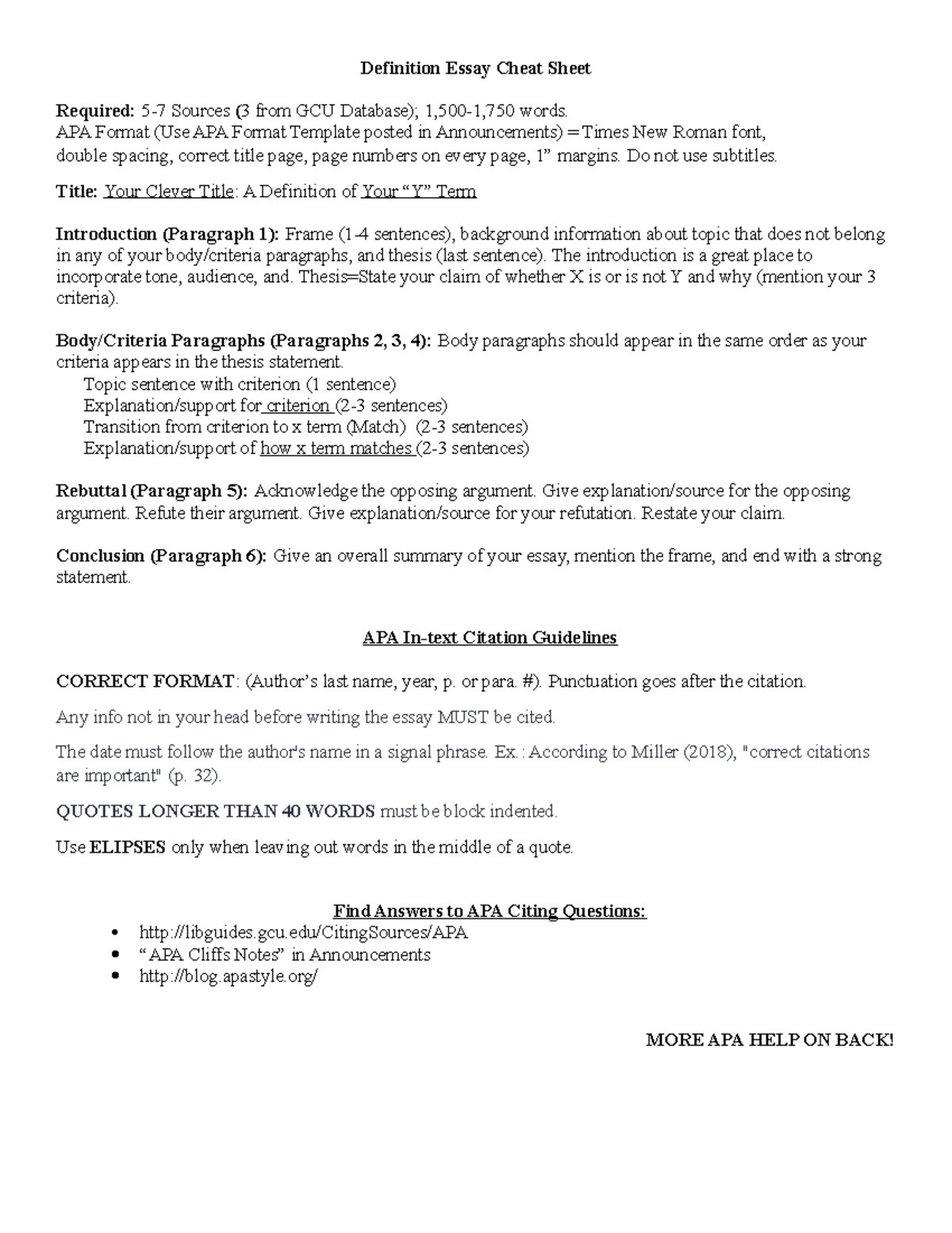 ENG 106 MWF Definition Essay Outline - Definition Essay Cheat Sheet ...