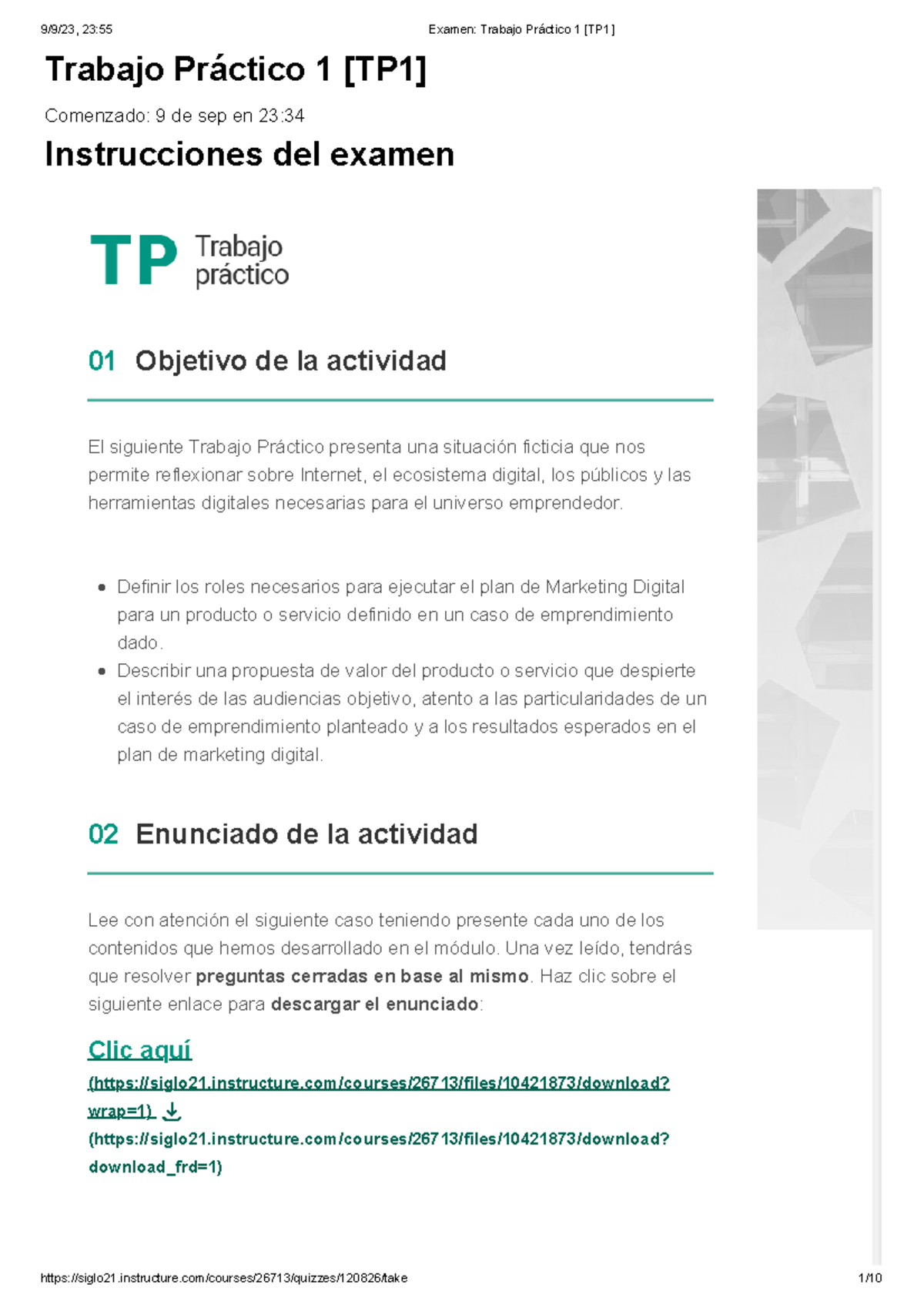 M1 TP1 Examen Trabajo Práctico 1 NOTA 95 - Trabajo Práctico 1 [TP1] Comenzado: 9 de sep en 23 ...