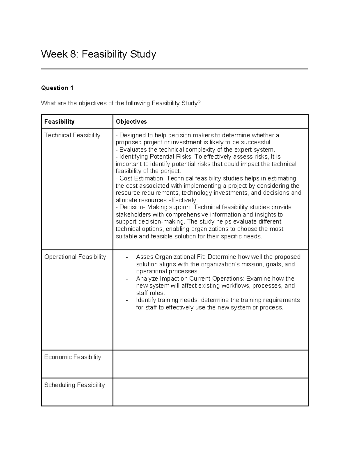 SAAD Tut Week 8 - Feasibility Study t 44 (Repaired) - Week 8: Feasibility Study Question 1 What ...