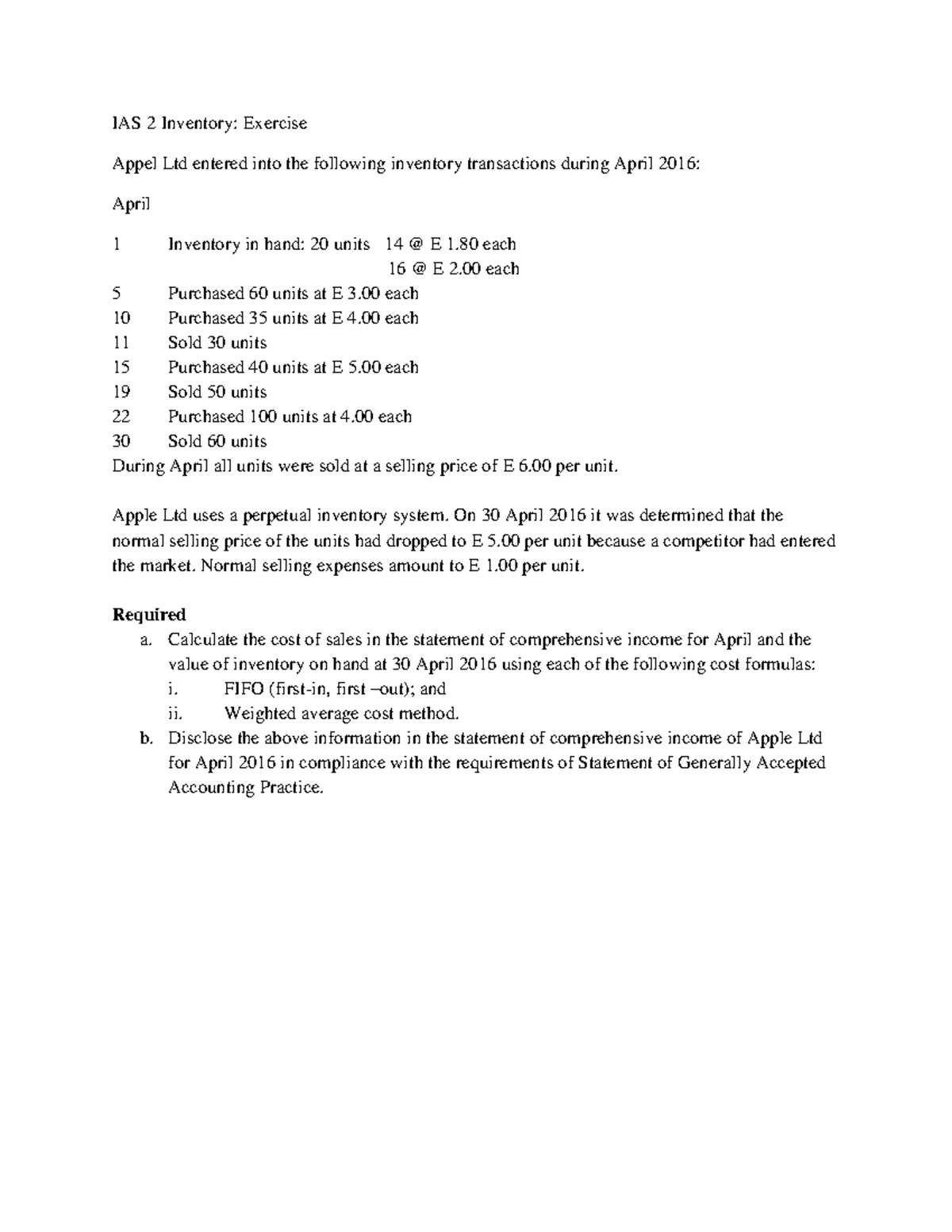 IAS 2 Inventory Class Exercise - IAS 2 Inventory: Exercise Appel Ltd ...