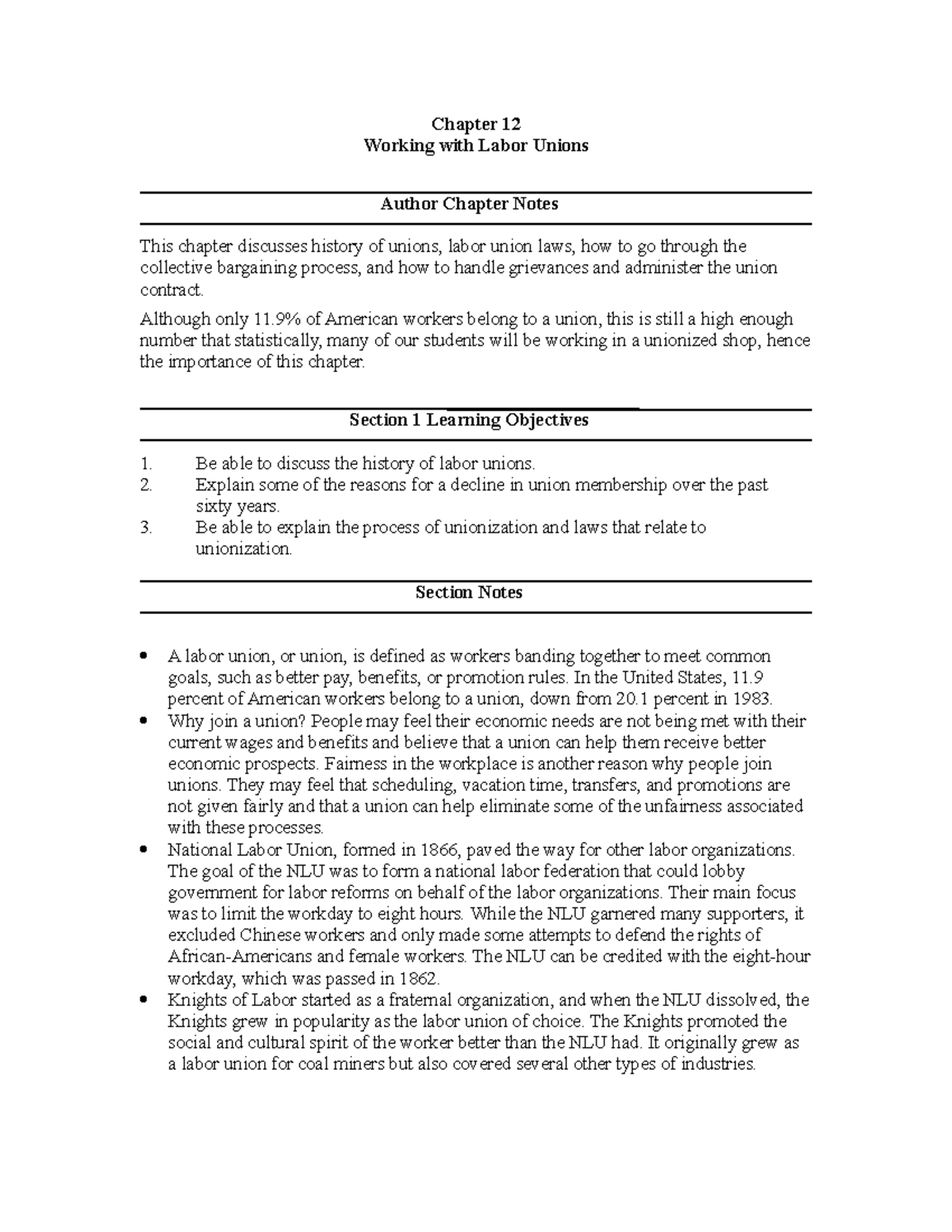 Working with Labor Unions - Chapter 12 Working with Labor Unions Author ...