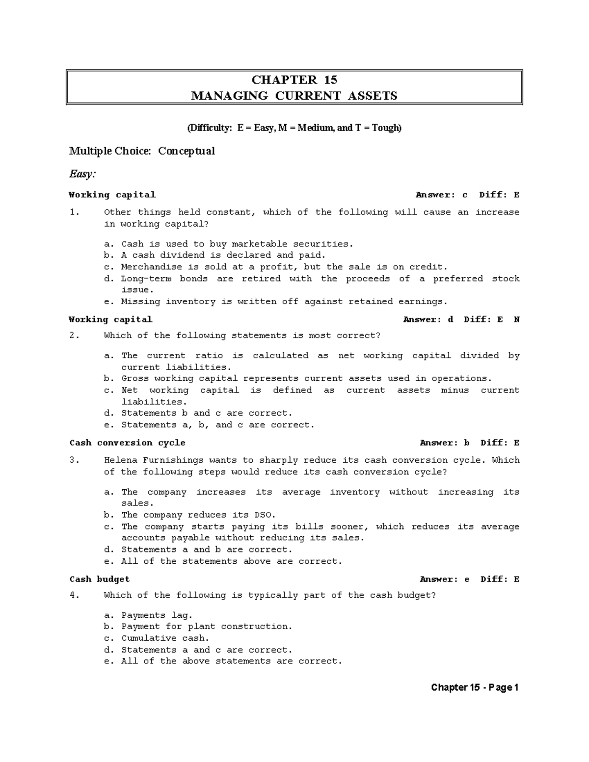 TB Chapter 15 Managing Current Assets - (Difficulty: E = Easy, M = Medium, and T = Tough ...