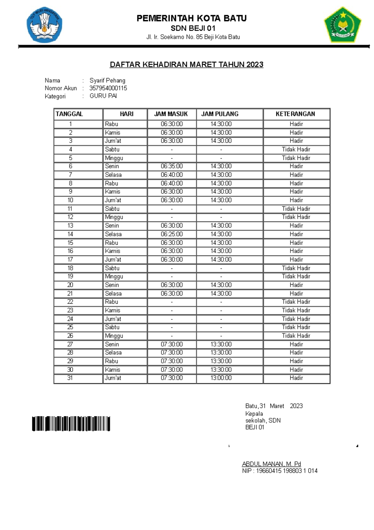 Absen BLN Maret 2023 P Syarif 025 - Nama Nomor Akun Kategori PEMERINTAH ...
