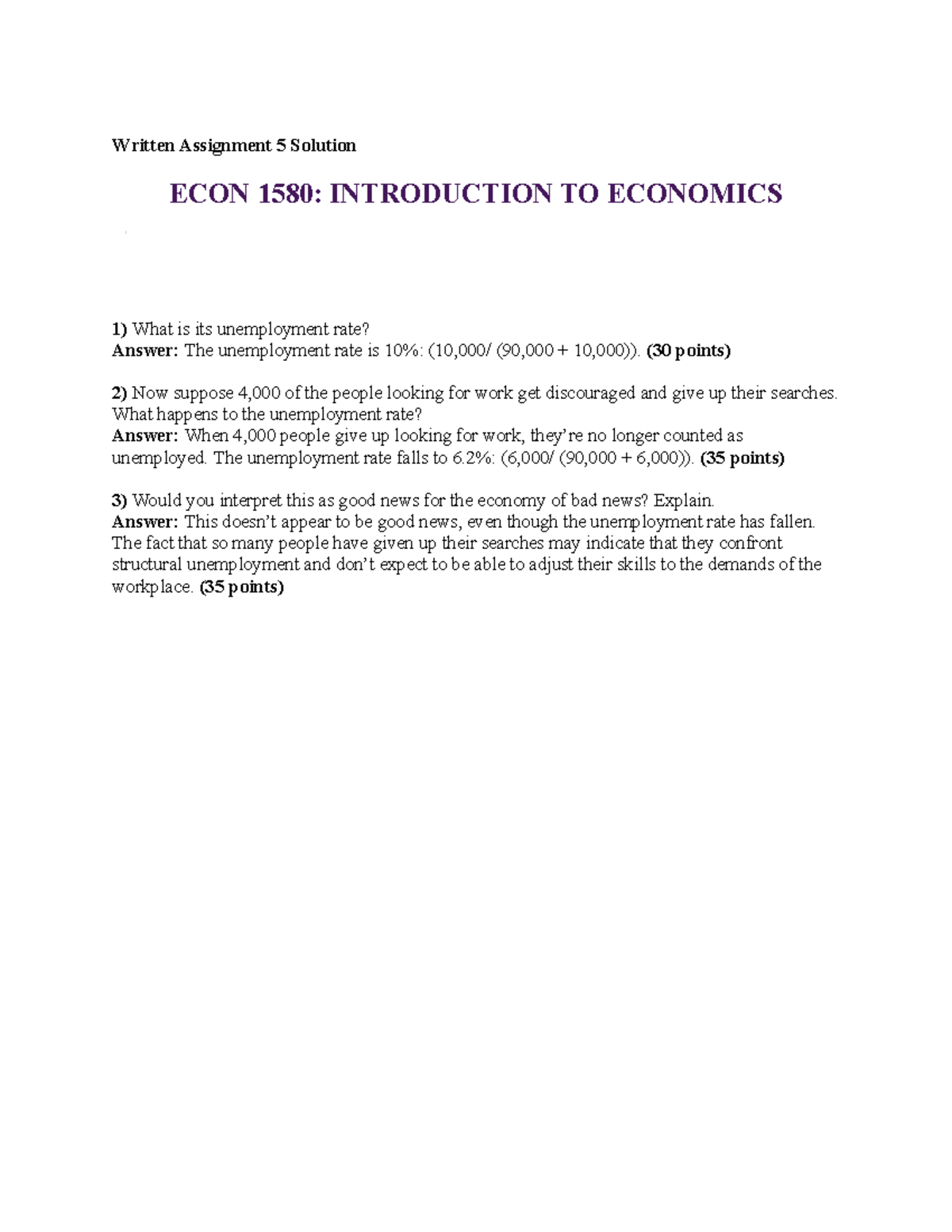 Written Assignment 5 Solution - Written Assignment 5 Solution ECON 1580: INTRODUCTION TO ...