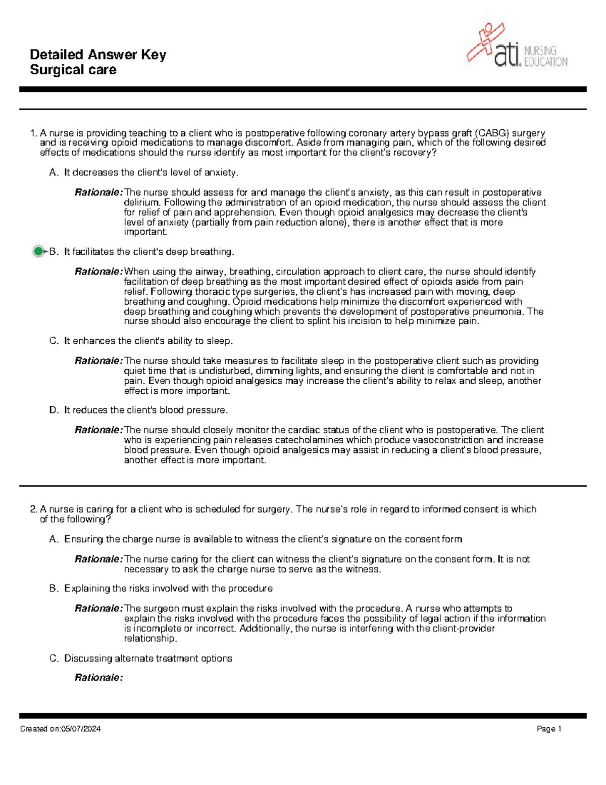 Surgical care answers - exam 1 review questions - Surgical care A nurse ...