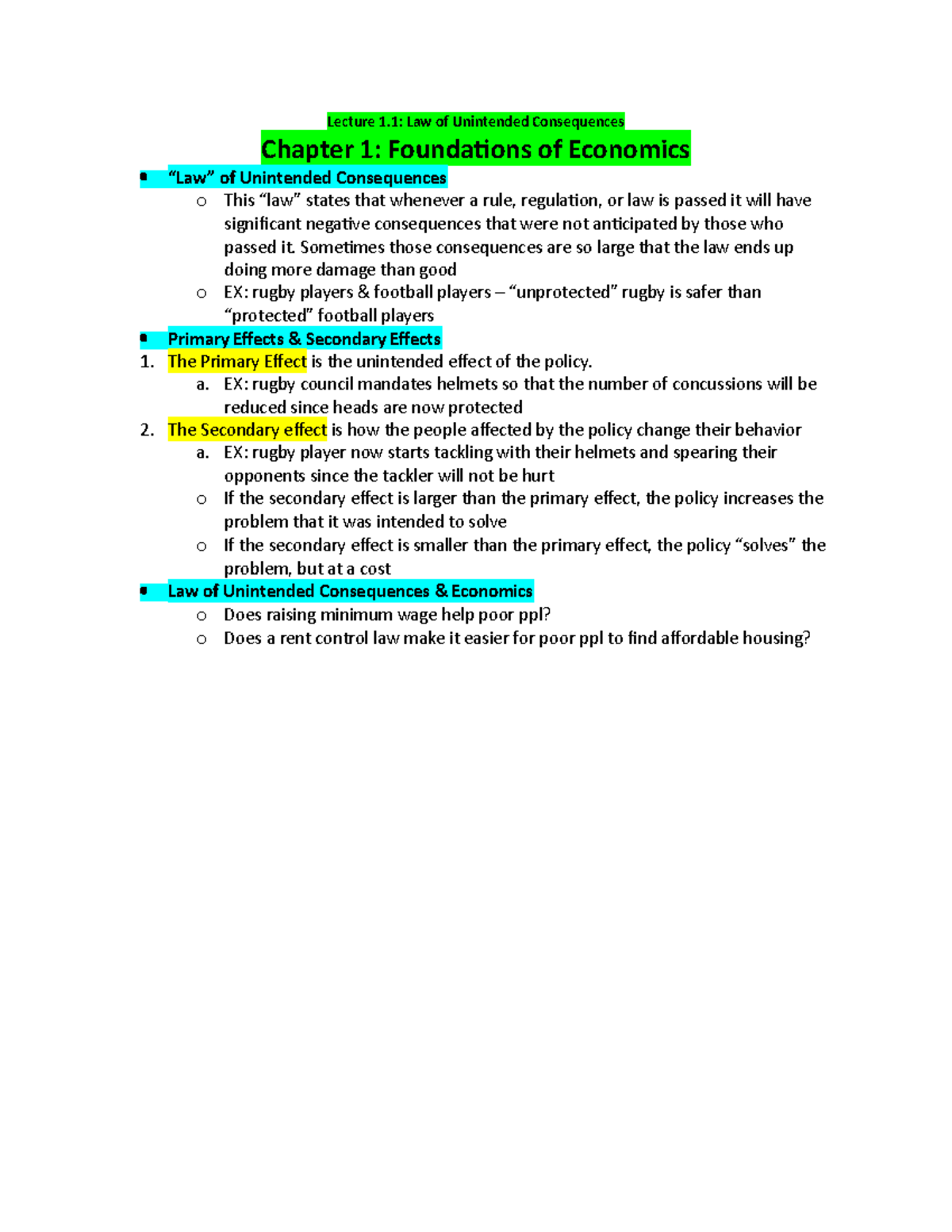 ECON Notes Chapter 1 - Lecture 1: Law of Unintended Consequences ...
