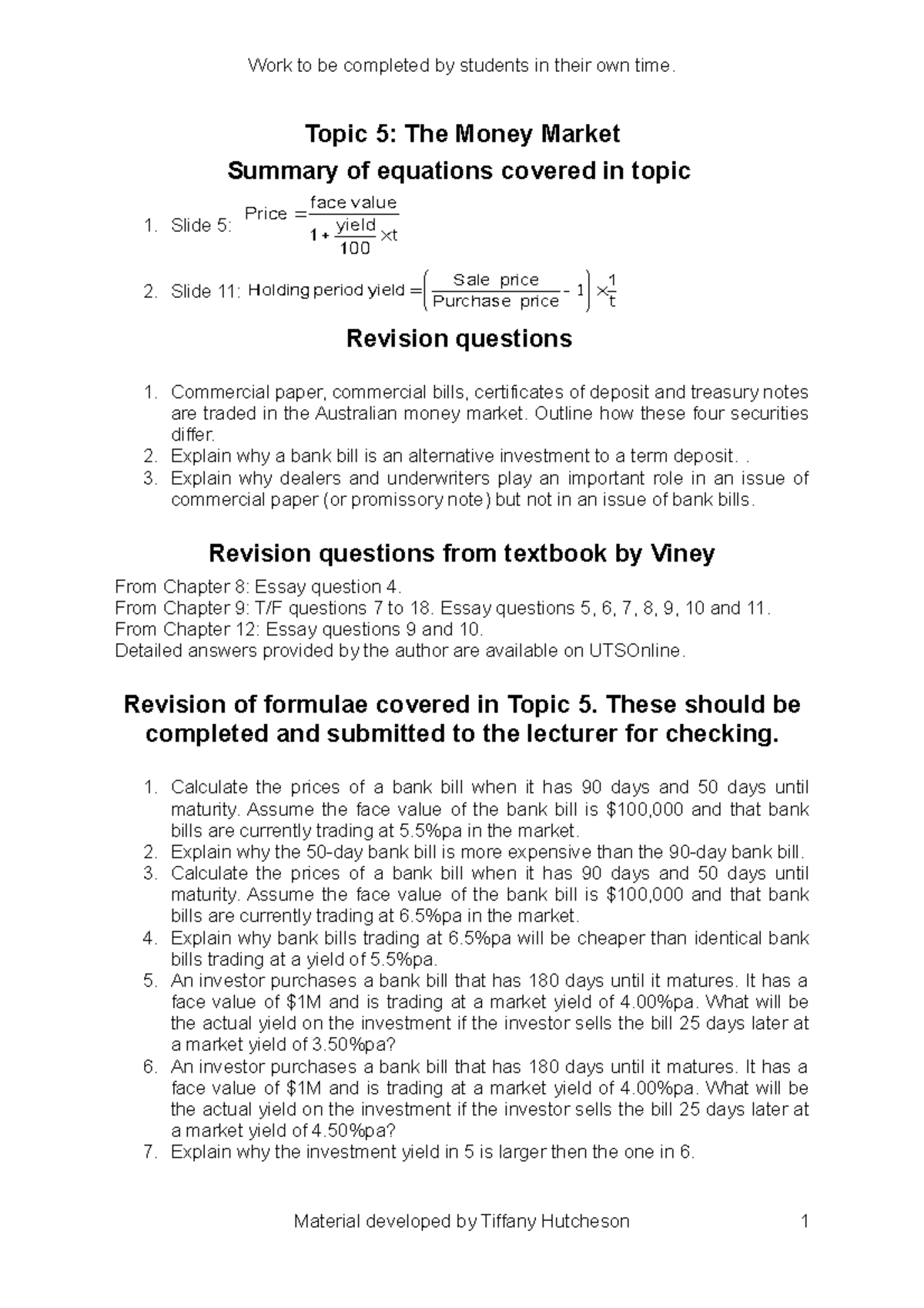 Revision Topic 5 - lecture - Work to be completed by students in their ...