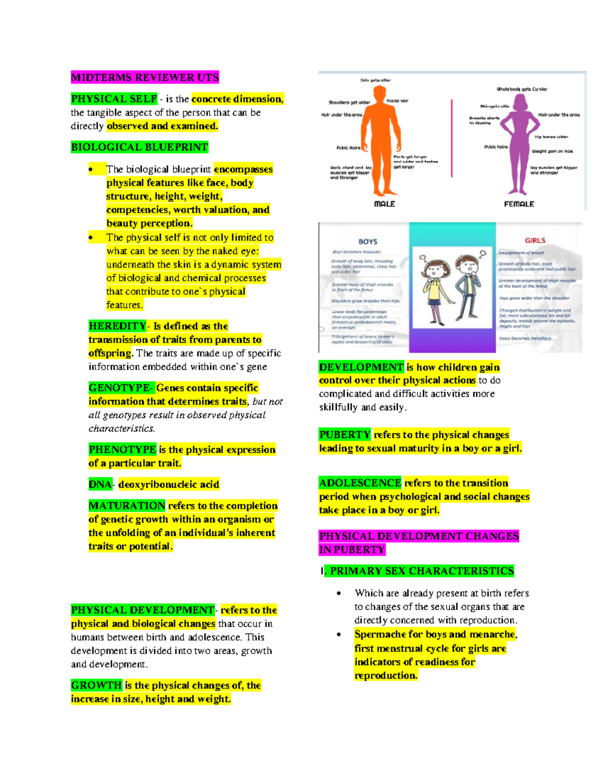 Midterms Reviewer UTS - MIDTERMS REVIEWER UTS PHYSICAL SELF - is the ...