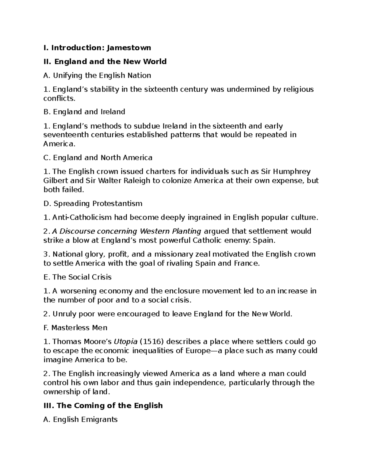 Chapter 2 outline - Lecture notes 2 - I. Introduction: Jamestown II ...