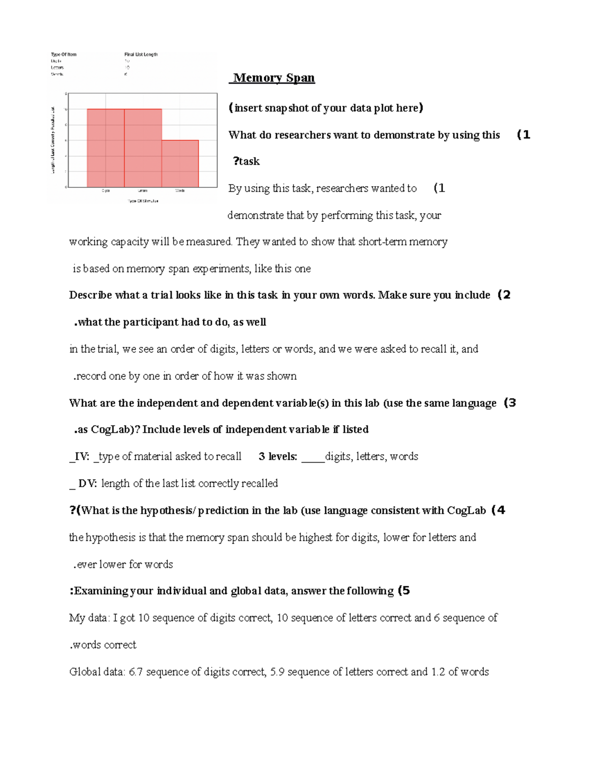 Lab Notes 4 Memory Span Insert Snapshot Of Your Data Plot Here