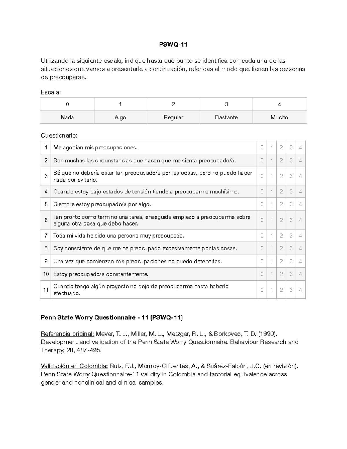 PSWQ - Test PSWQ-11 adaptado a población colombiana - PSWQ- Utilizando ...