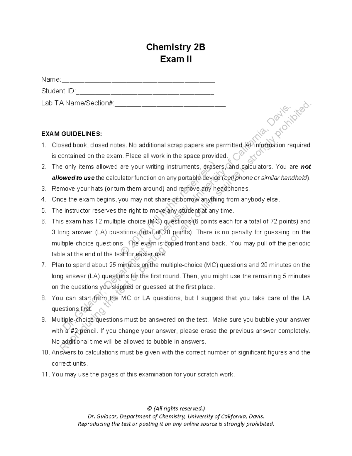 Exam II Review #1 Key - © 2019 (All rights reserved.) Dr. Gulacar ...